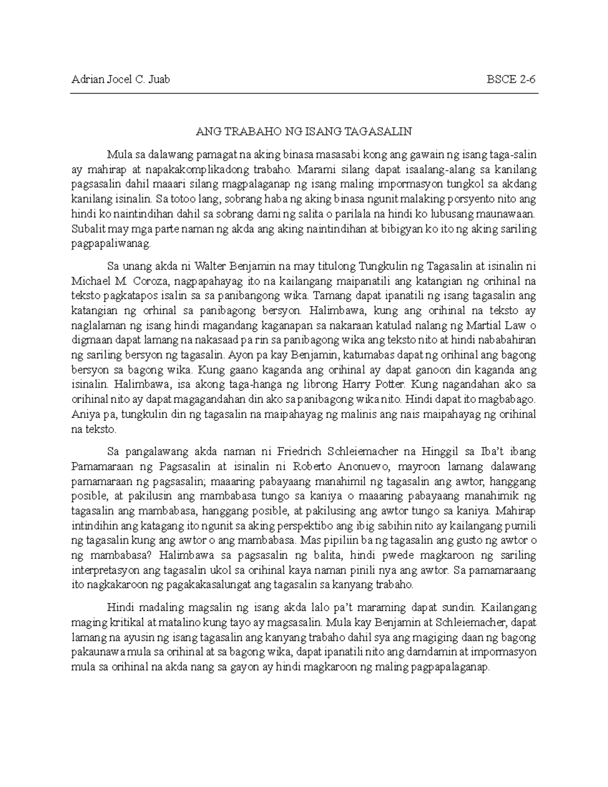 ANG Trabaho NG Isang Tagasalin - Adrian Jocel C. Juab BSCE 2- ANG ...