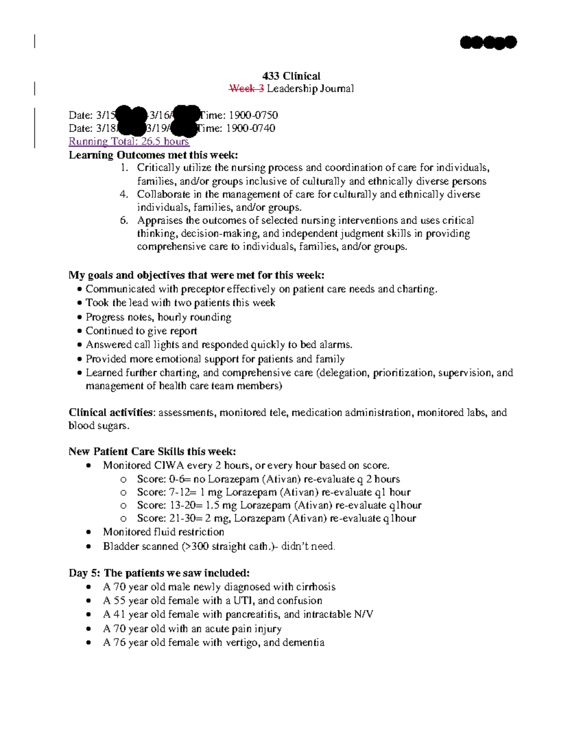 Example Clinical Journal - Julie Victor 433 Clinical Week 3 Leadership ...