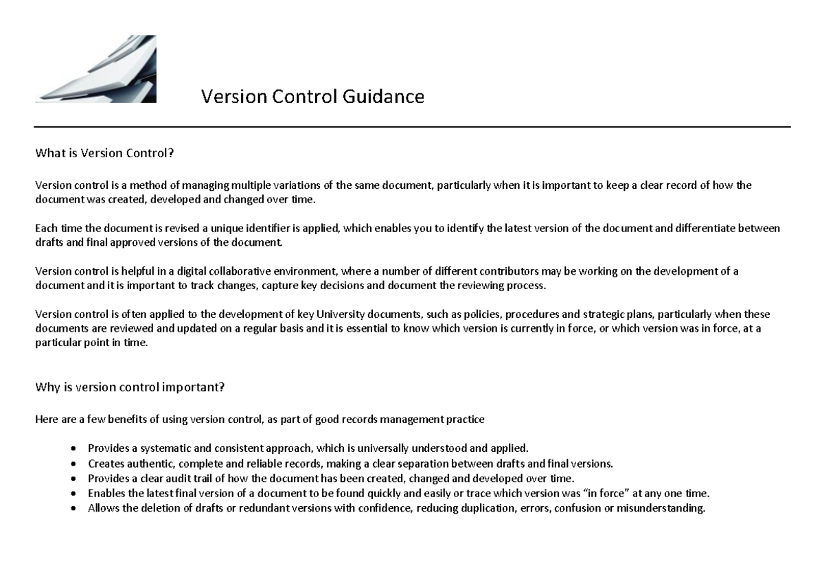 Uo A Version Control July 2017 - Version Control Guidance What is ...