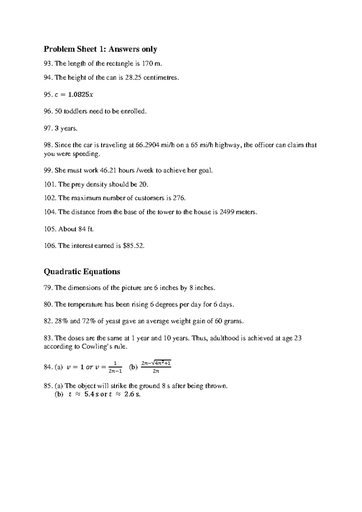 Problem Sheet 1 Answers 1 - Problem Sheet 1: Answers only The length of ...
