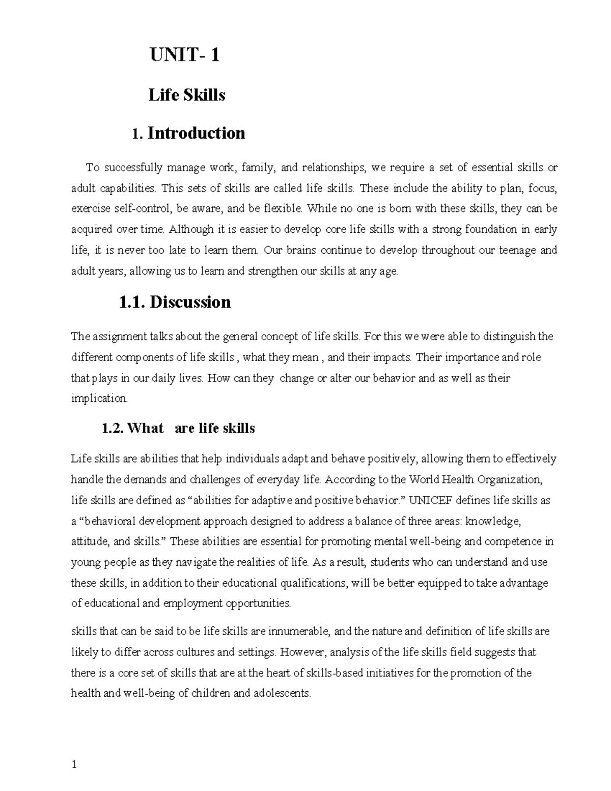 Psycho - UNIT- 1 Life Skills 1. Introduction To successfully manage ...