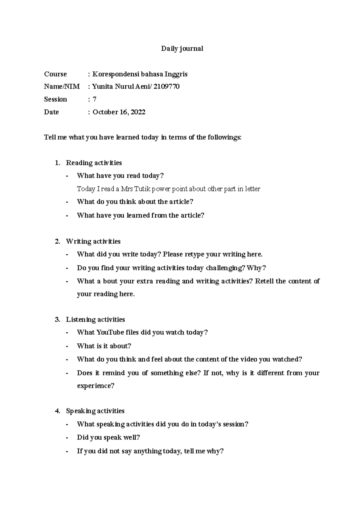 Daily journal at English Course to reflect student's understanding ...