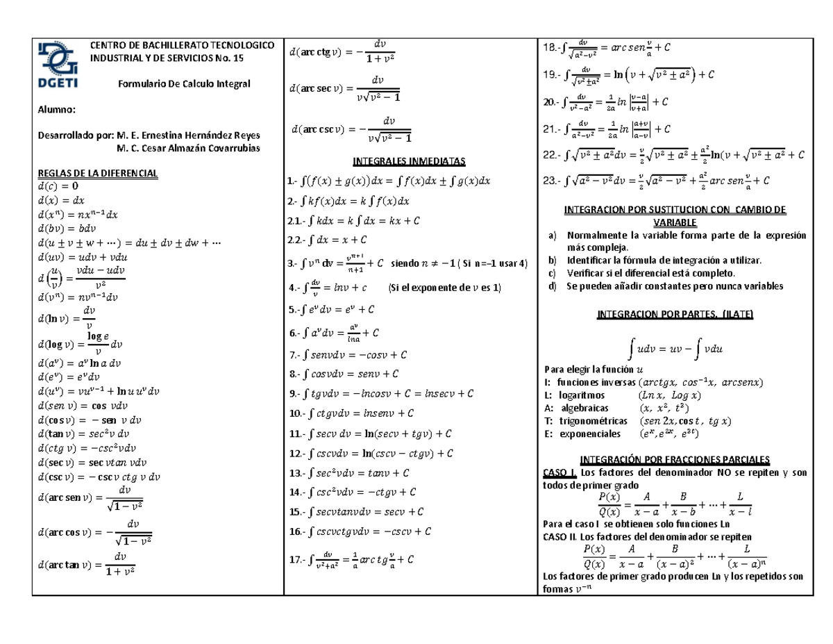 Calculo integral y calculo diferencial - FORMULARIO - CENTRO DE ...