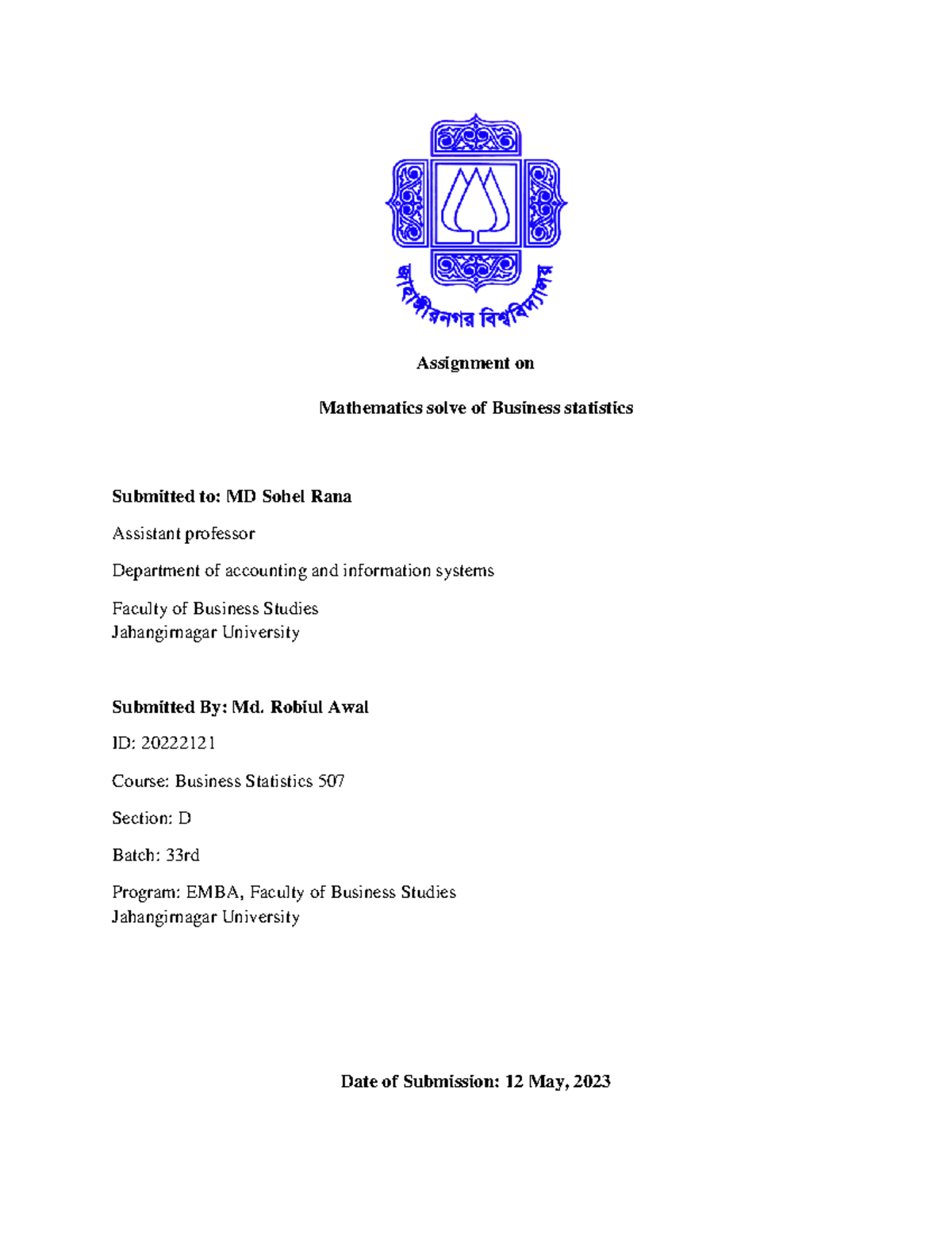 Business Statistics - Statics - Assignment on Mathematics solve of ...
