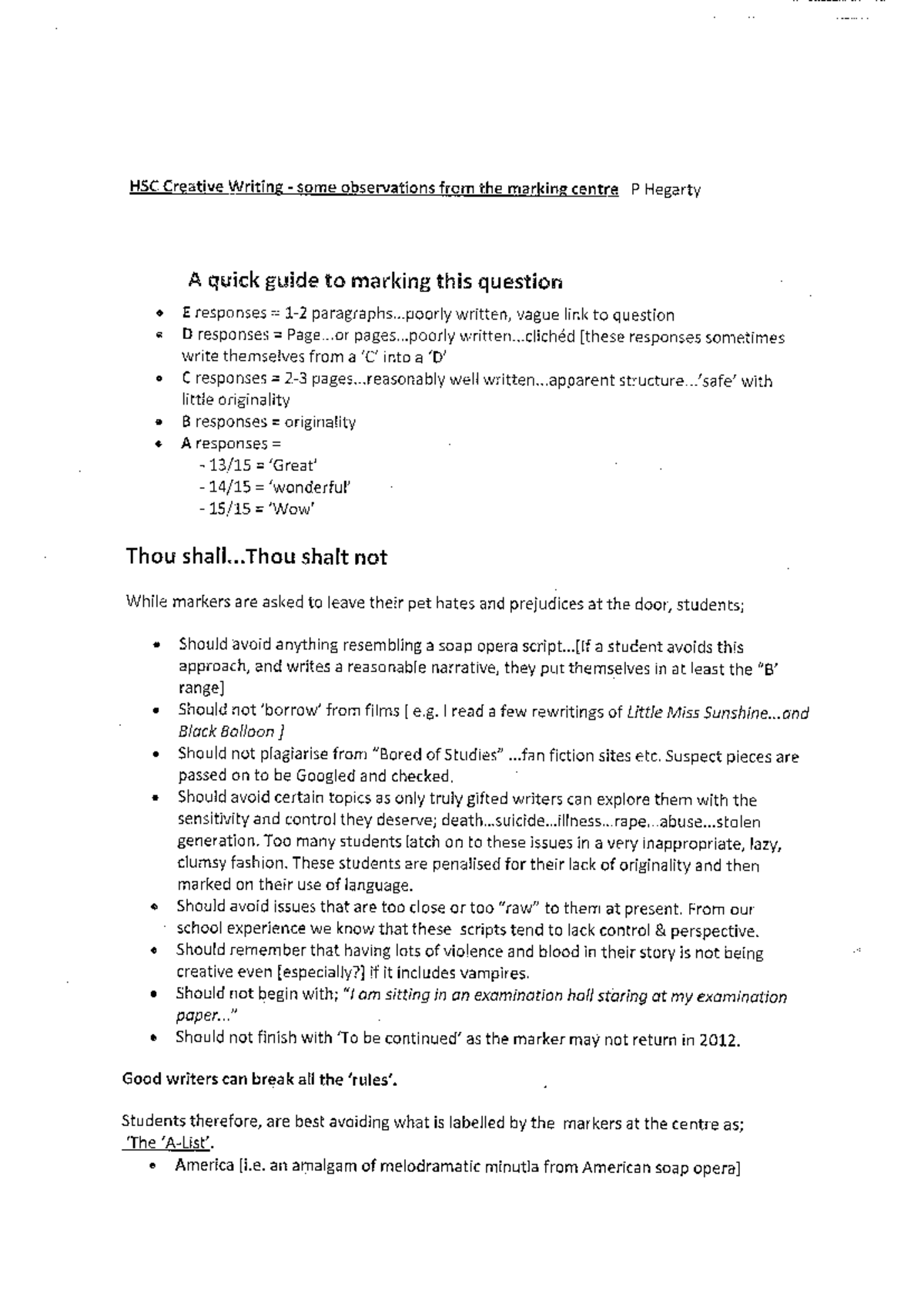Notes from Markers of HSC Creative Writing - HSC Creative Writing some ...