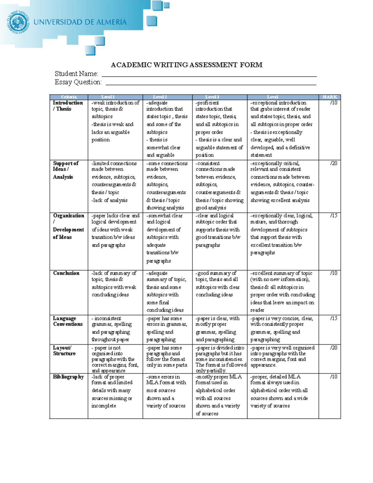 Rúbrica Essay - ACADEMIC WRITING ASSESSMENT FORM Student Name: Essay ...