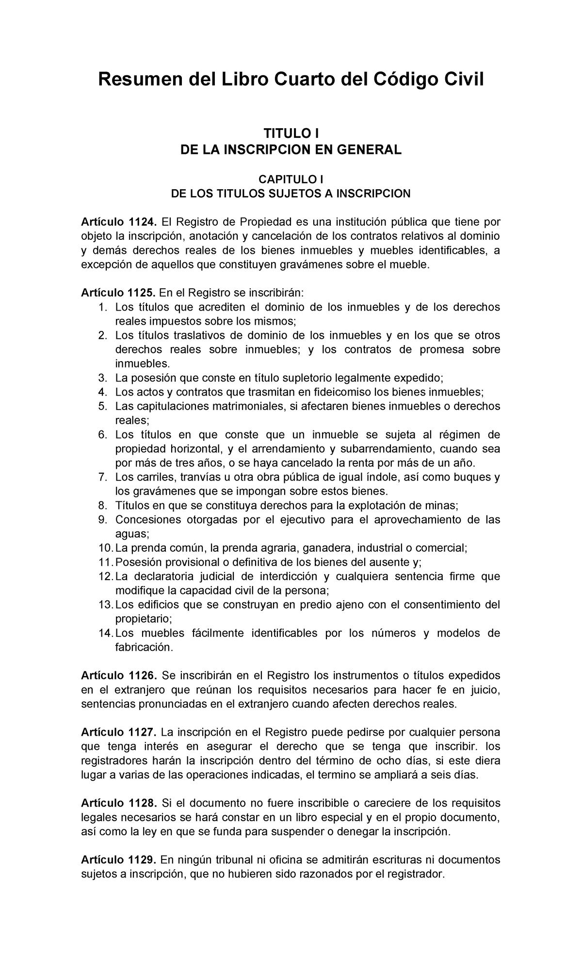 Resumen del Libro Cuarto del Codigo Civil - Resumen del Libro Cuarto del Código Civil TITULO I ...