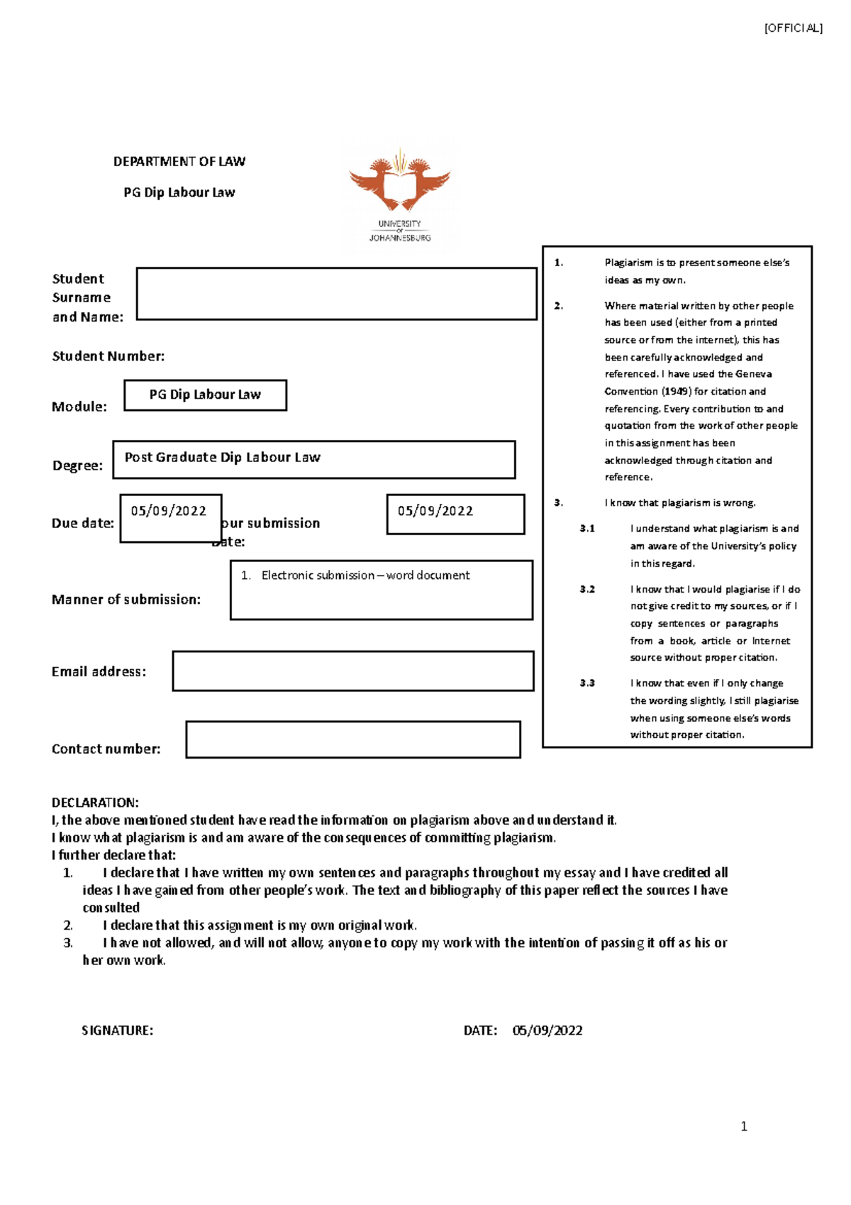UJ Labour Law Assignment 2 - 2022 - Student Surname and Name: Student ...