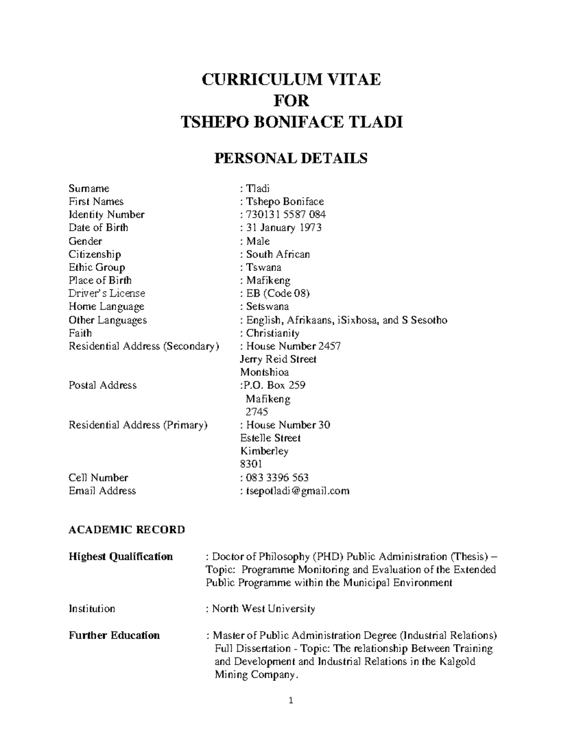Curriculum Vitae TB Tladi August 2022 - CURRICULUM VITAE FOR TSHEPO ...