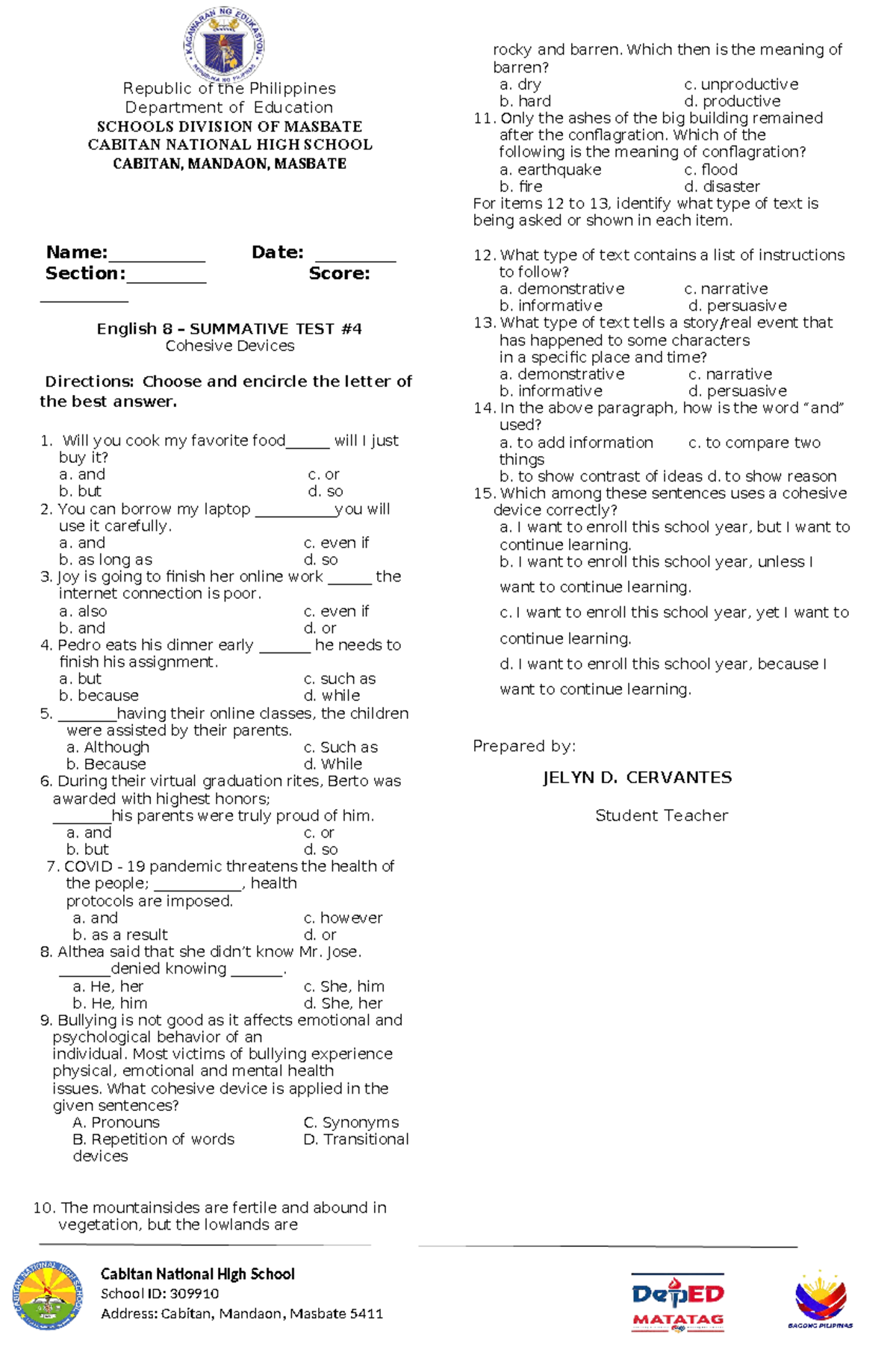 English 8 Summative TEST #4 - Republic of the Philippines Department of ...