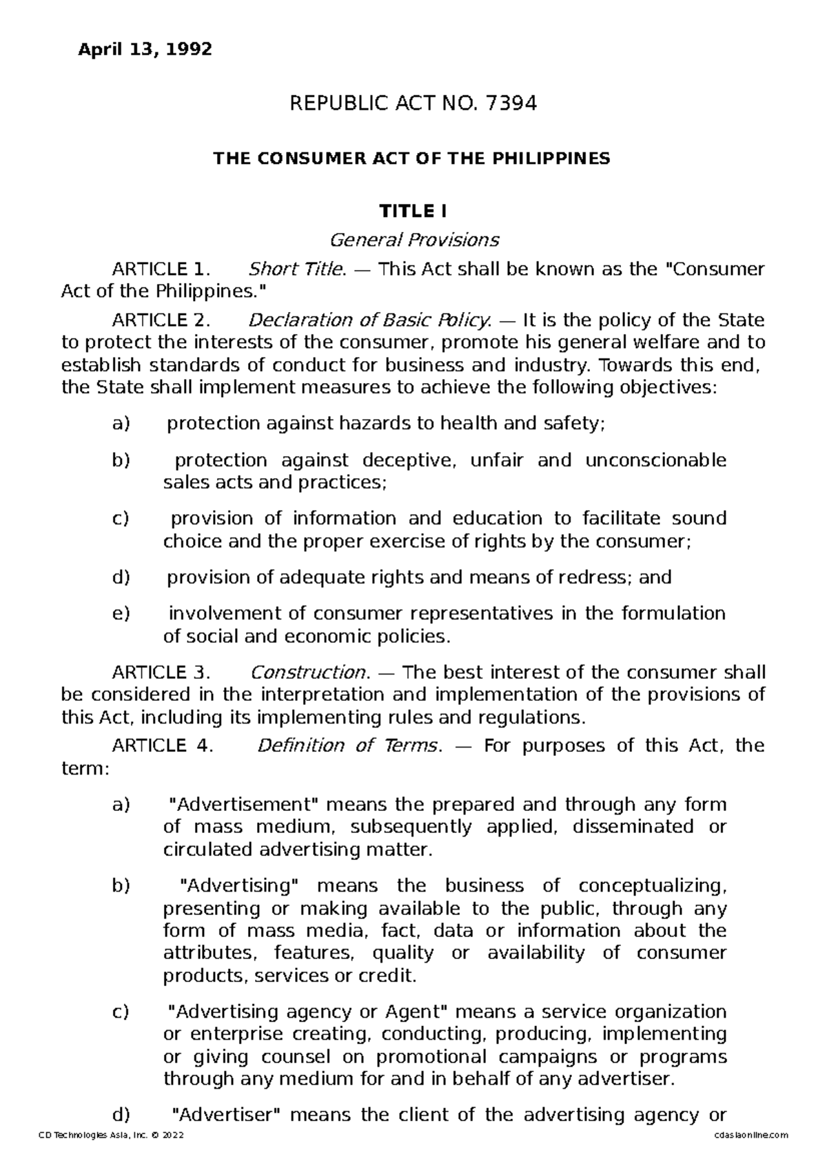 4. RA 7394 - Consumer Act of the Philippines - April 13, 1992 REPUBLIC ...
