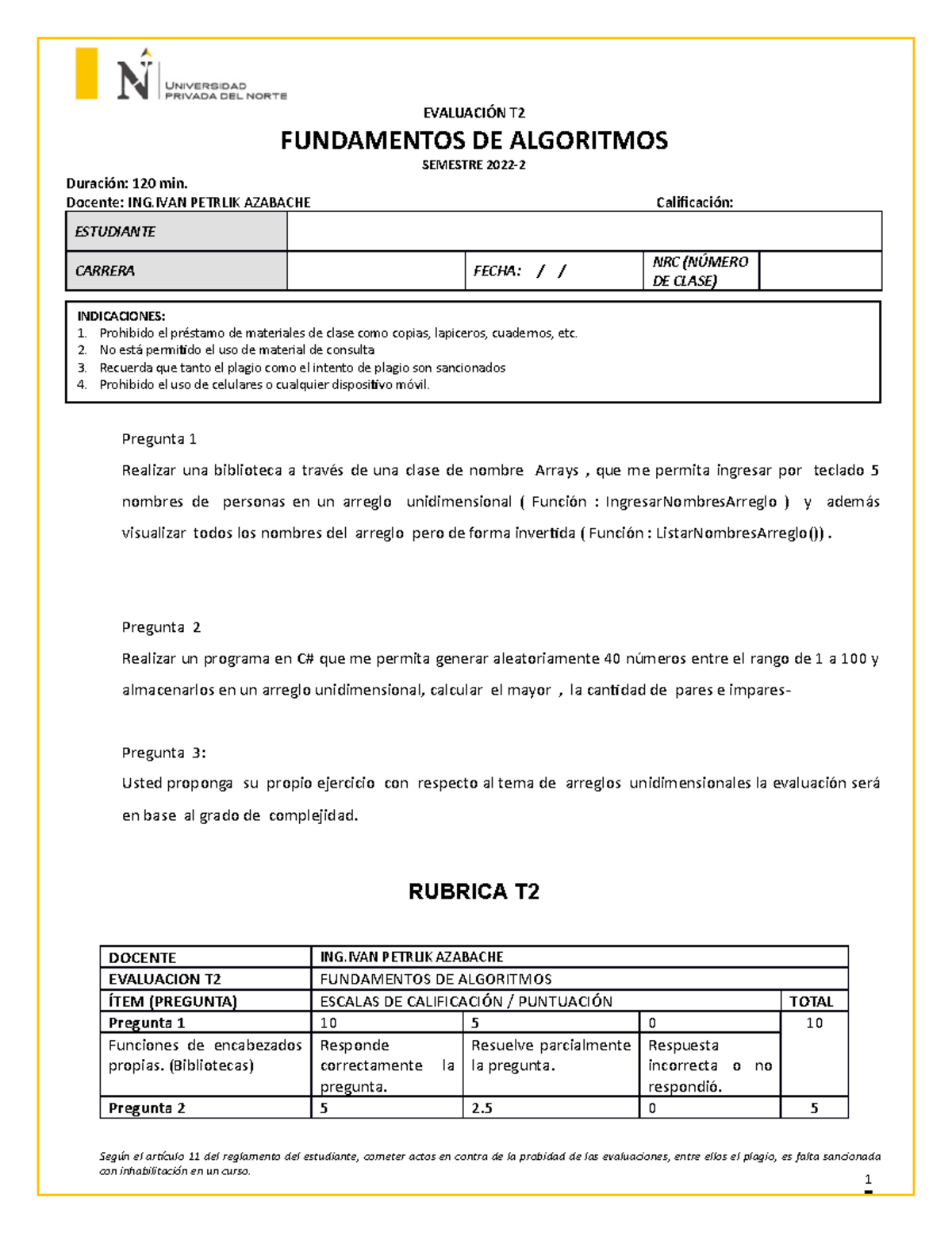 T2 FUN ALG - ........................... - EVALUACIÓN T FUNDAMENTOS DE ...