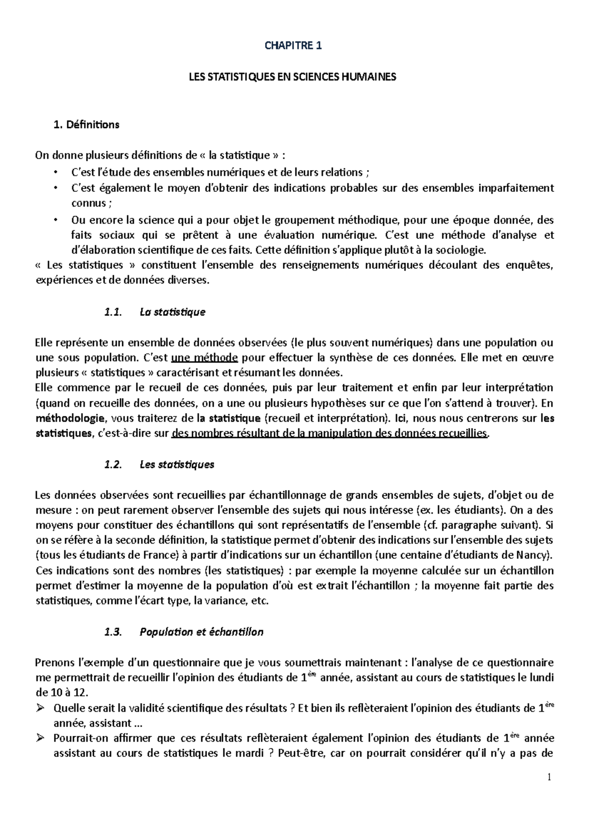 L1 chapitre 1 - CHAPITRE 1 LES STATISTIQUES EN SCIENCES HUMAINES ...