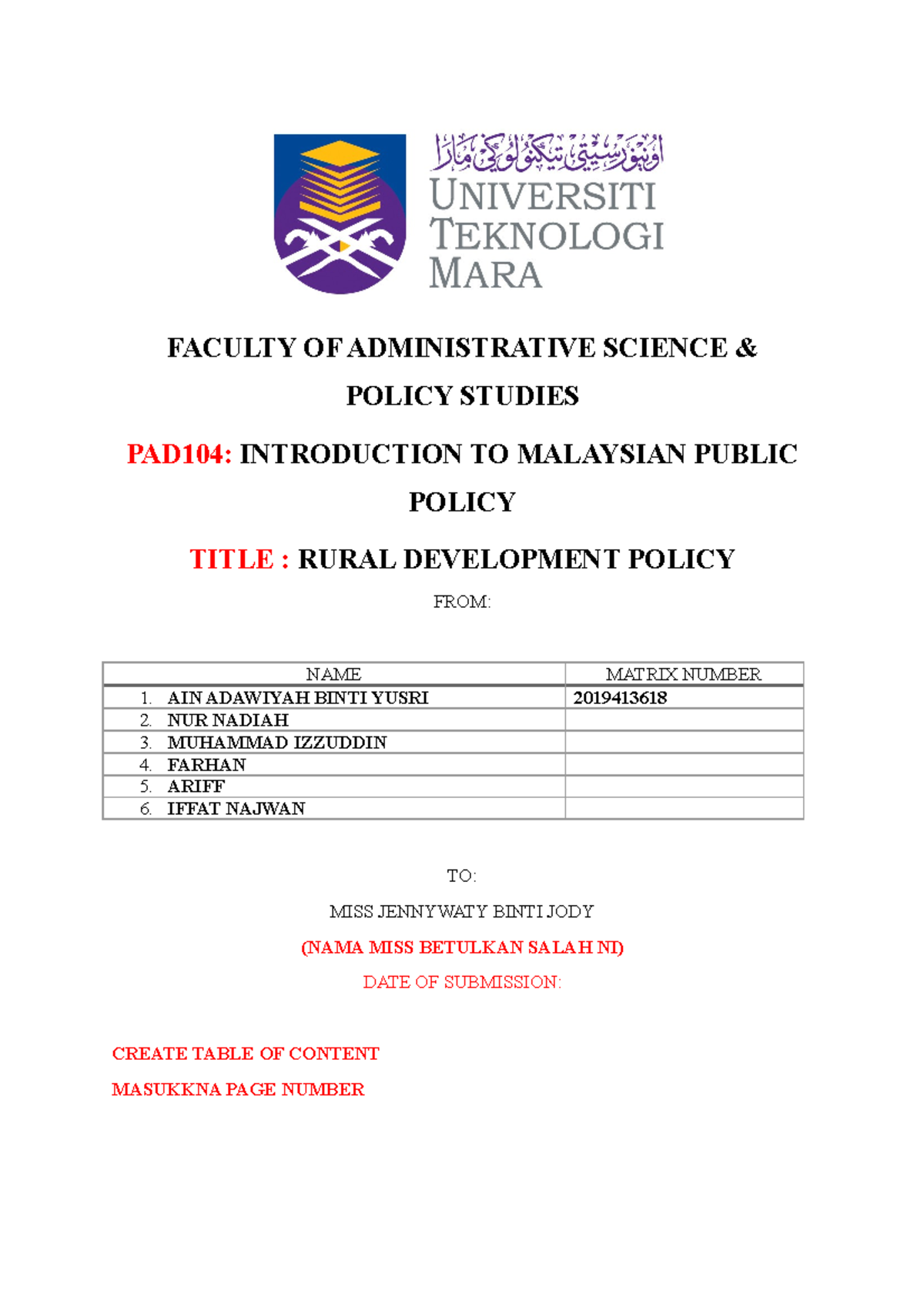 Contoh Assignment bagi course PAD104 - FACULTY OF ADMINISTRATIVE ...