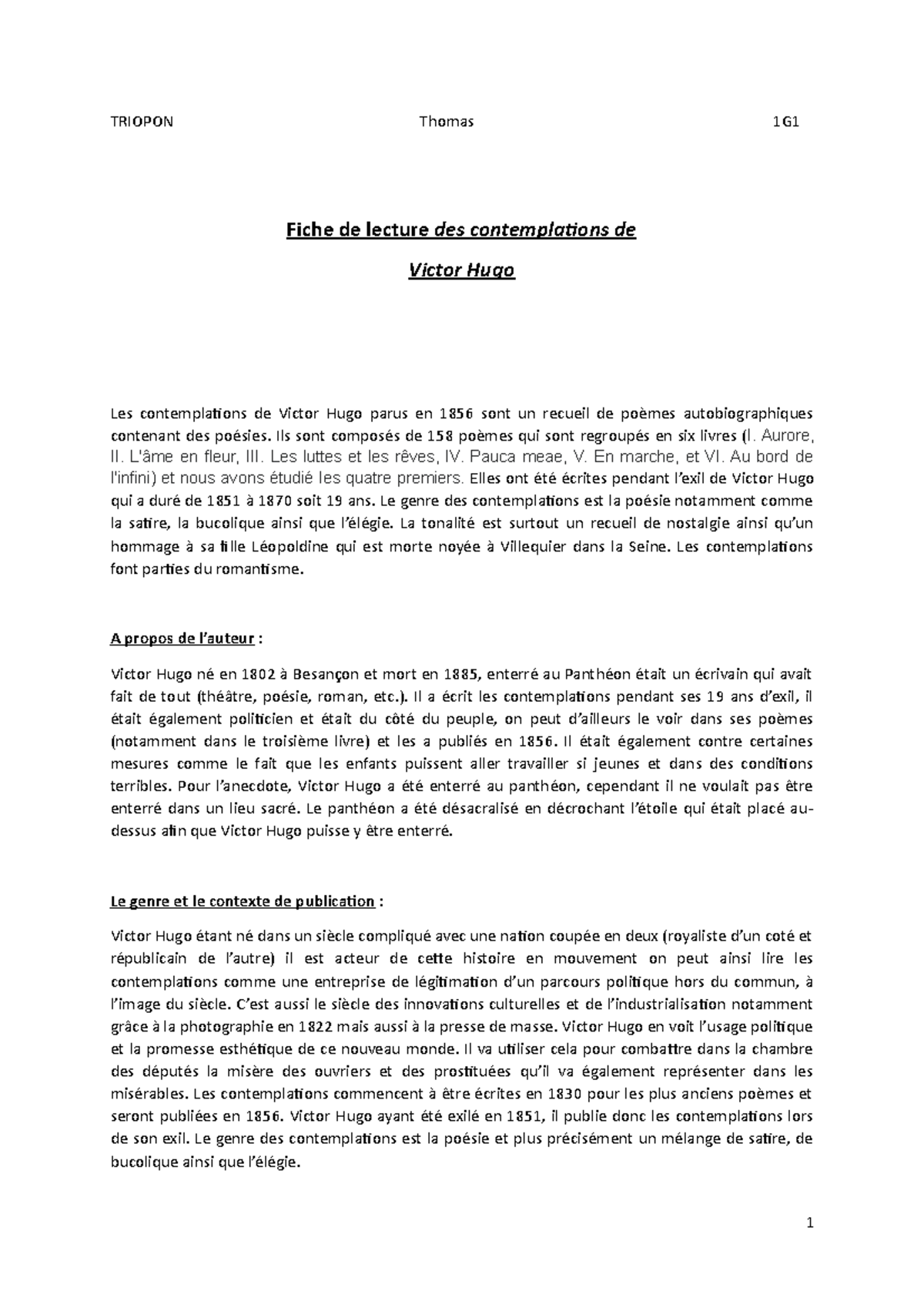 Fiche de lecture les contemplation de Victor Hugo - TRIOPON Thomas 1G ...