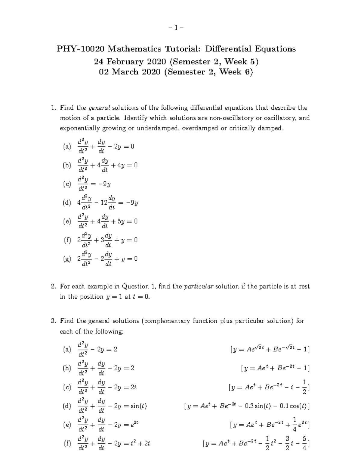 Semester 2 Tutorial 5-6 2020 - – 1 – PHY-10020 Mathematics Tutorial ...