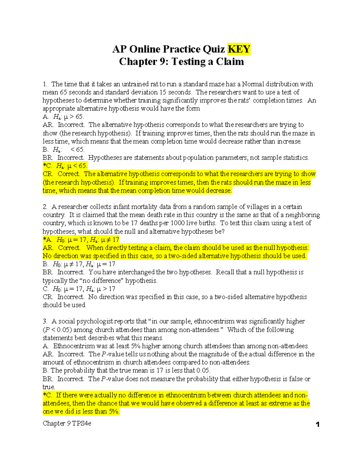 Ap ch 9 online mc key - Statistics - AP Online Practice Quiz KEY ...