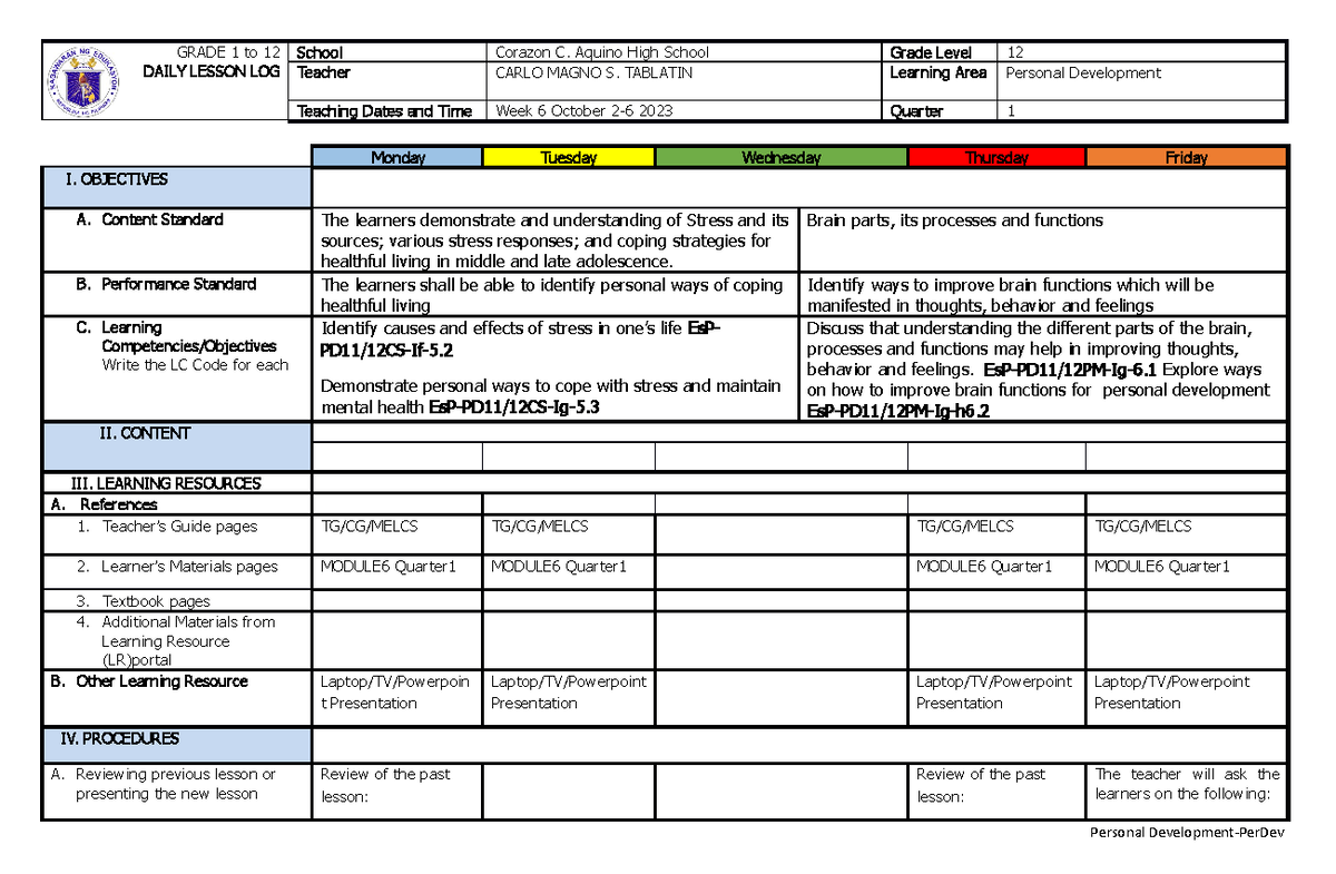 DLL Perdev week 6 - References - GRADE 1 to 12 DAILY LESSON LOG School Corazon C. Aquino High ...