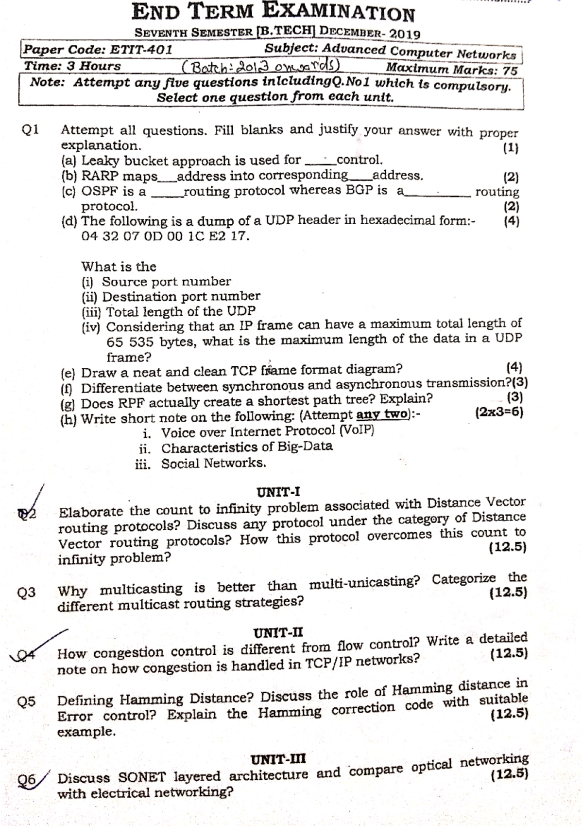 ACN 2019 END TERM QP - END TERM QUESTION PAPER - btech - Studocu