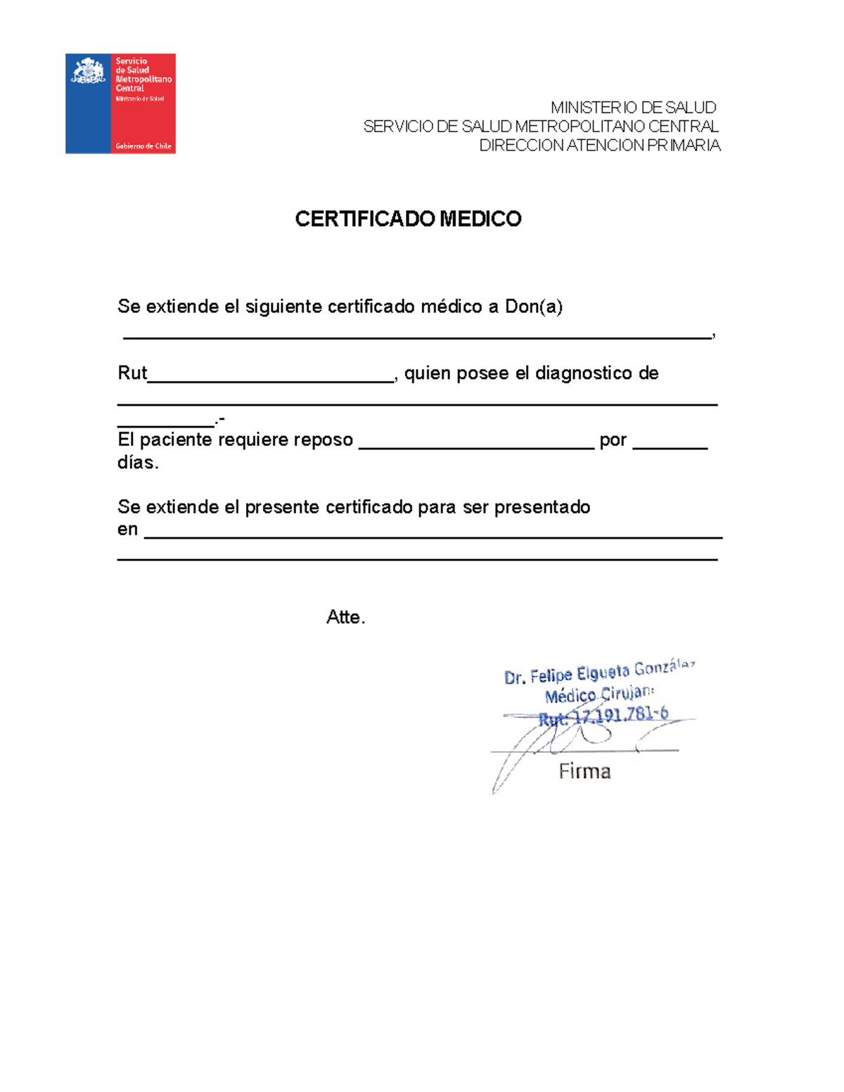 Certificado en blanco medico - MINISTERIO DE SALUD SERVICIO DE SALUD ...