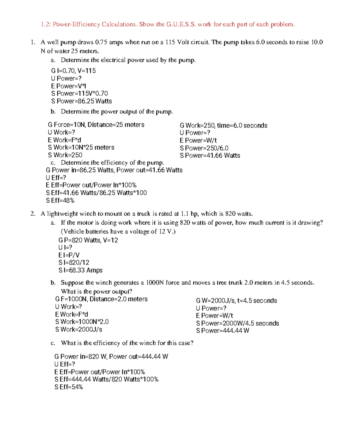 1.2 Power-Efficiency Word Problems - 1: Power-Efficiency Calculations ...