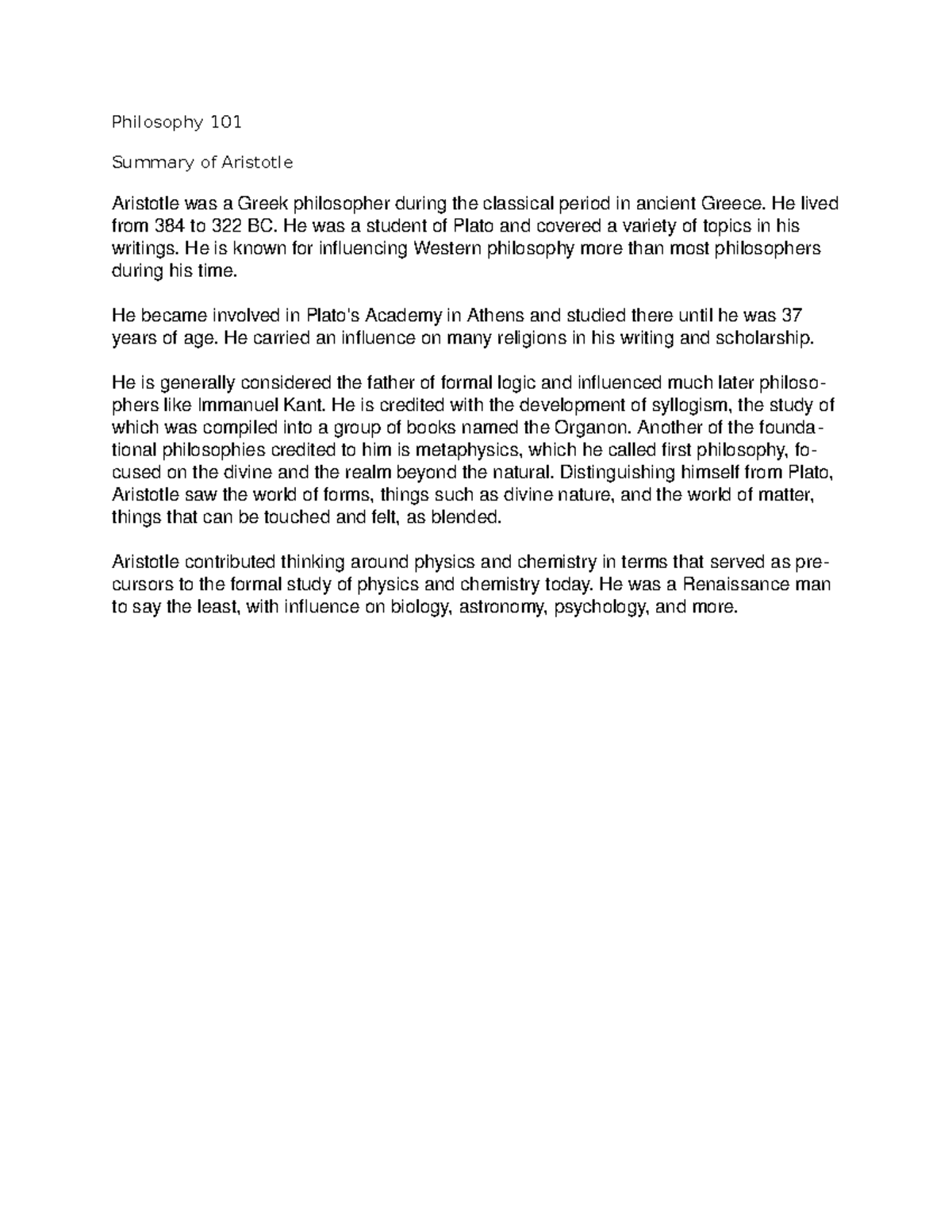 Philosophy - Summaries - Aristotle - Philosophy 101 Summary of ...