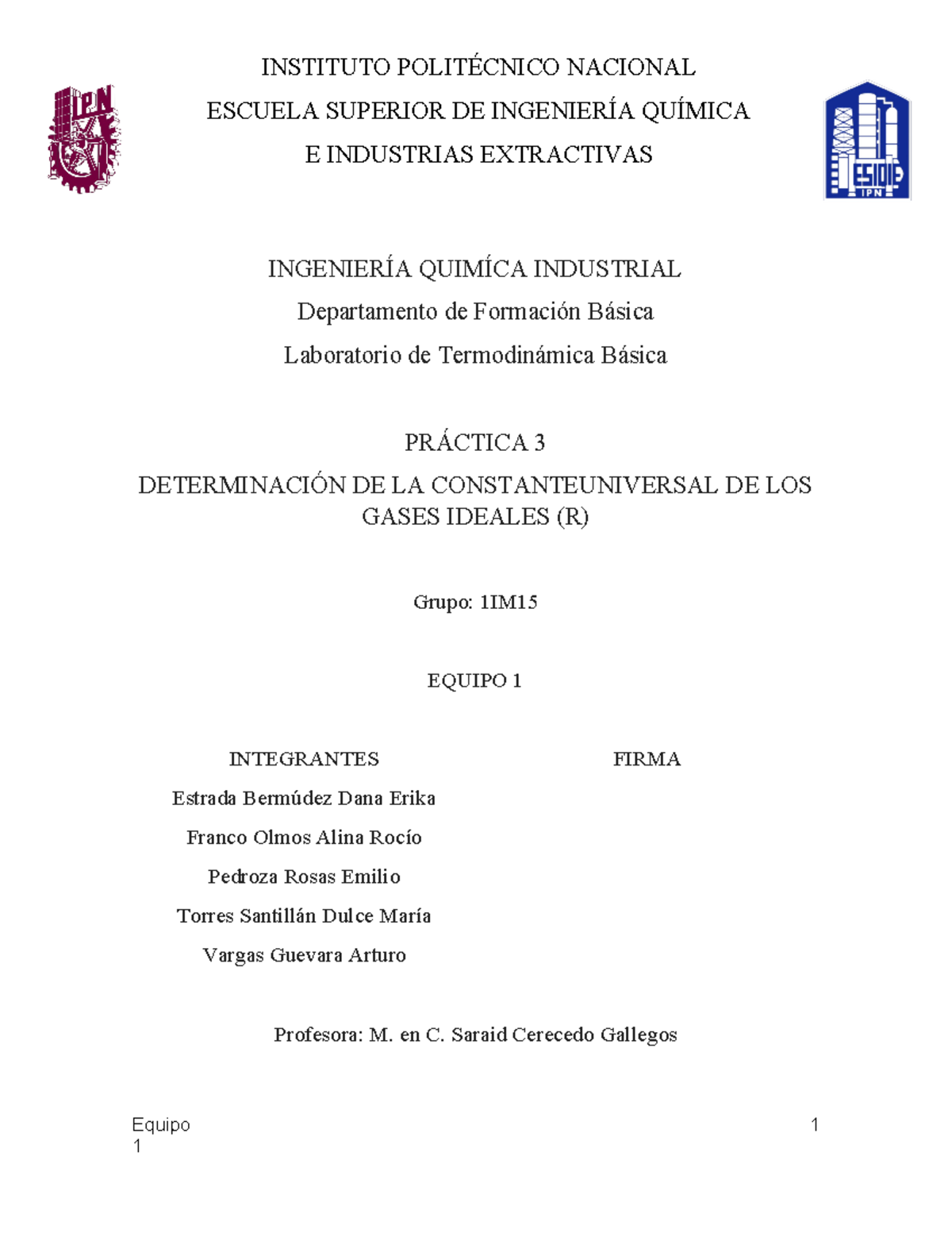 Practica 3 Termodinamica Basica - ESCUELA SUPERIOR DE INGENIERÍA QUÍMICA E INDUSTRIAS ...