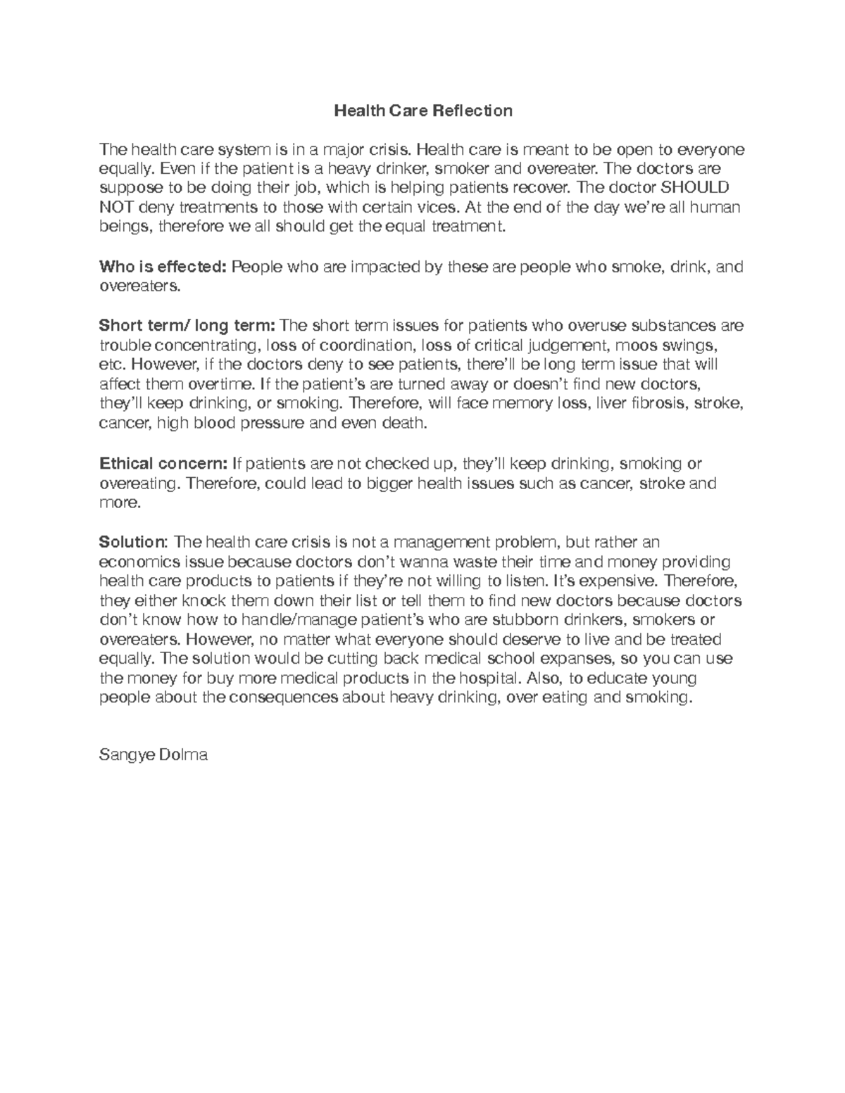 Health care reflection pdf - Health Care Reflection The health care ...