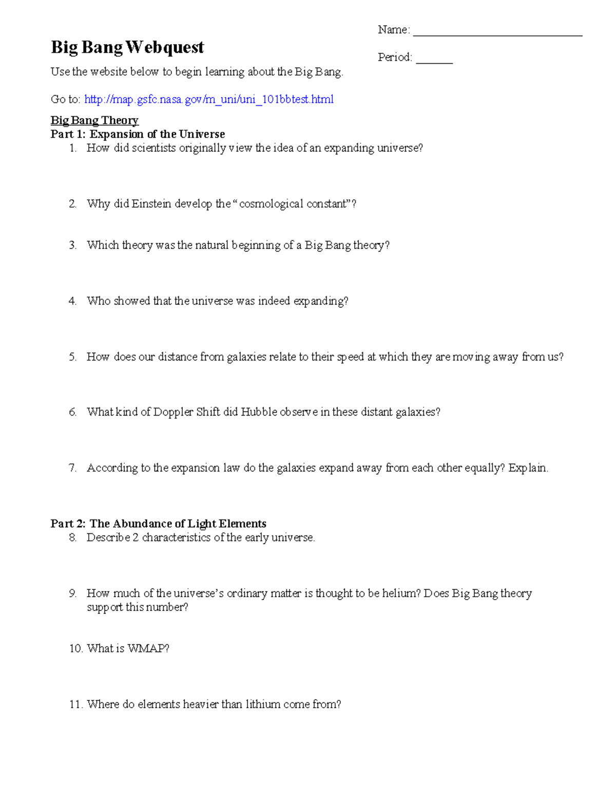 Big Bang Theory Webquest - Big Bang Webquest Use the website below to ...