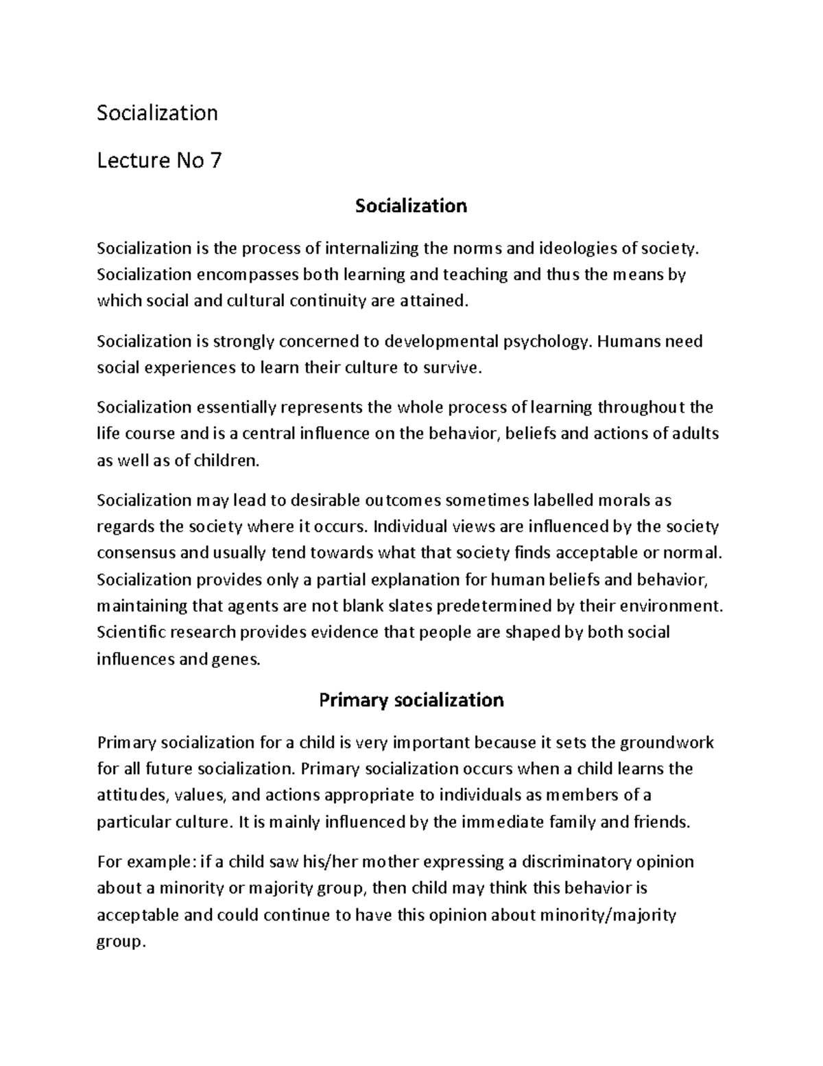 Sociology Lecture No 7 Socialization self handouts - Socialization ...