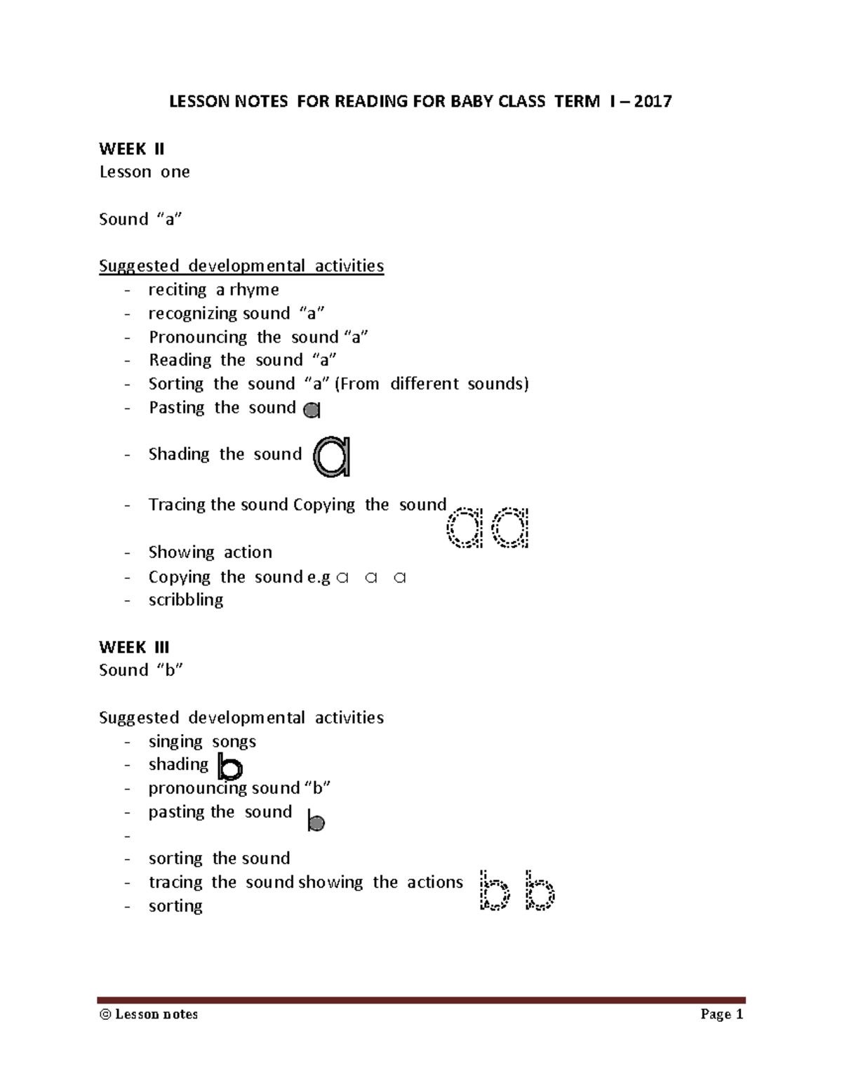 Lesson Notes FOR Reading FOR BABY Class TERM I II AND III - LESSON ...