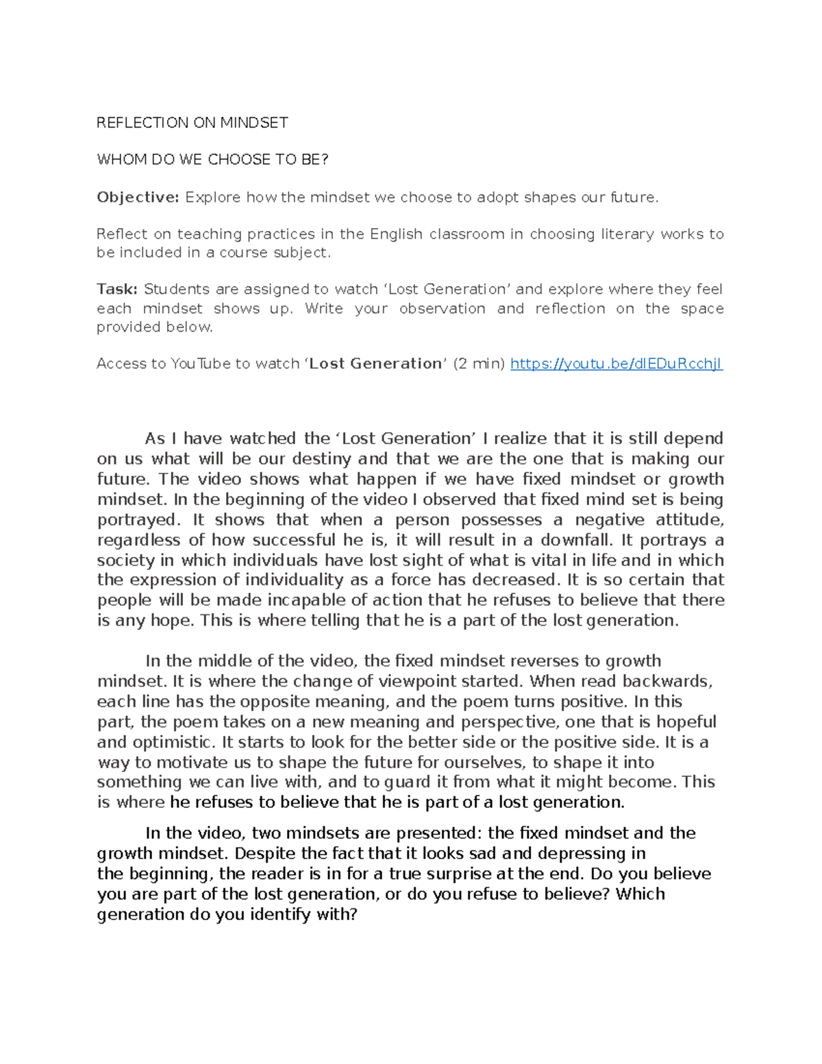 NSTP Module 3- Learning Activities - REFLECTION ON MINDSET WHOM DO WE ...