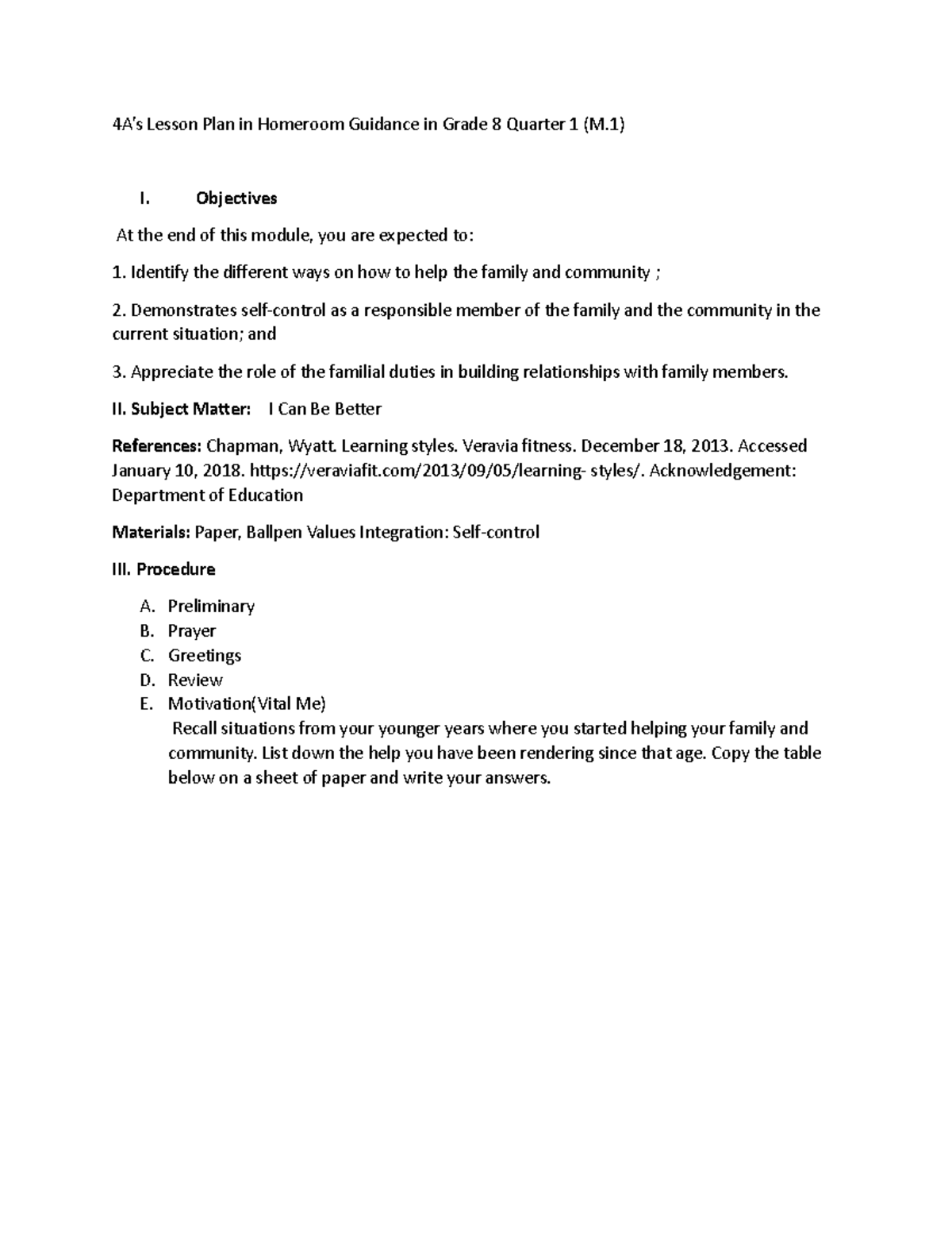 Lp HM - homeroom guidance - 4A’s Lesson Plan in Homeroom Guidance in ...