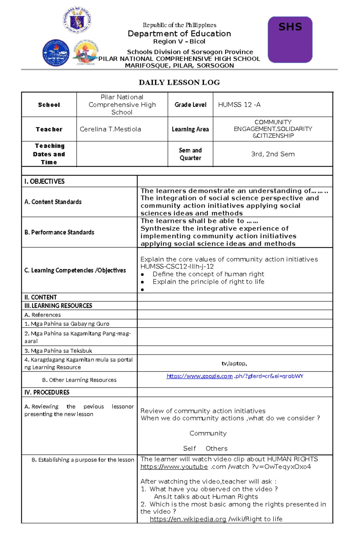 Lesson plan - Republic of the Philippines Department of Education ...