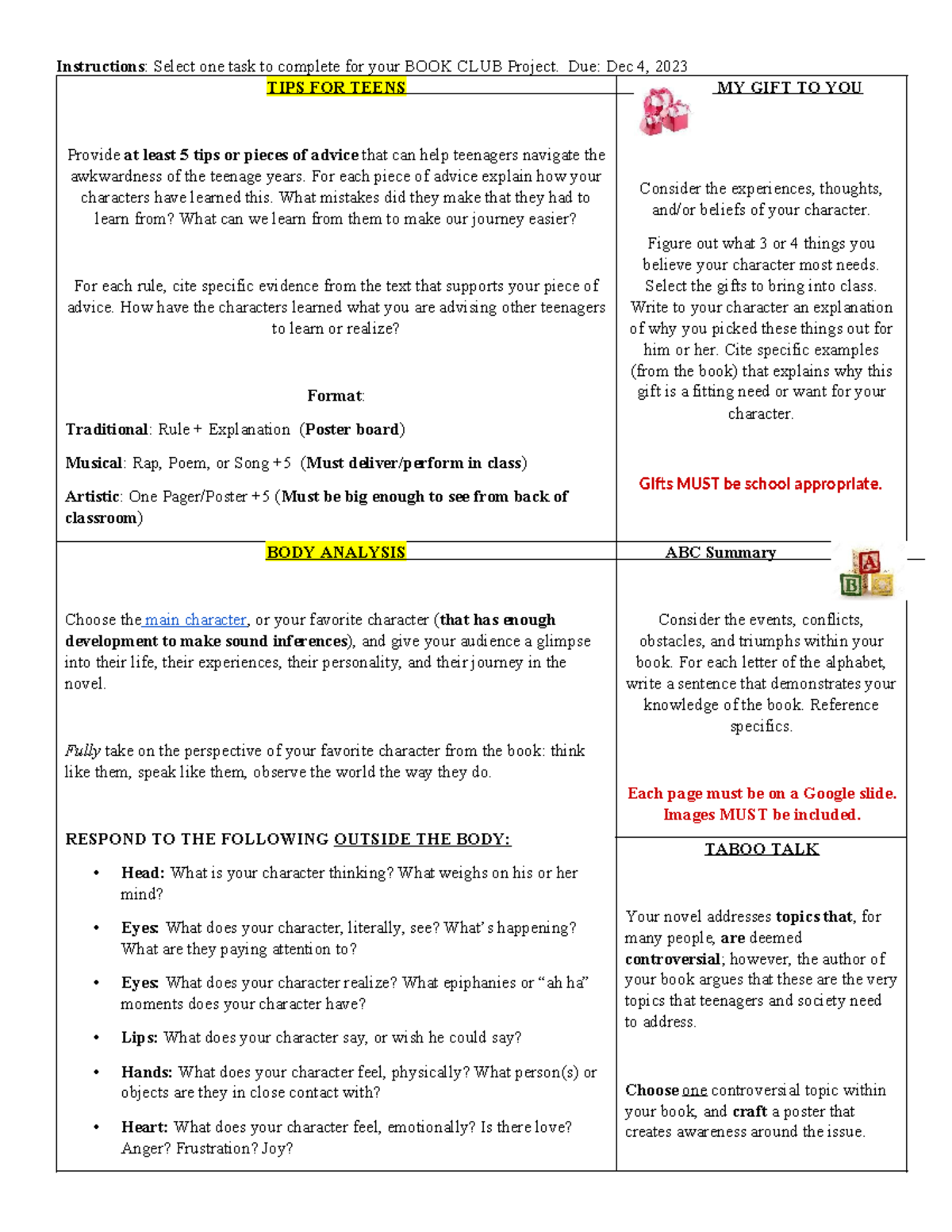 Fall 23 Book Clubs Choice Board ABR Project - Instructions: Select one ...