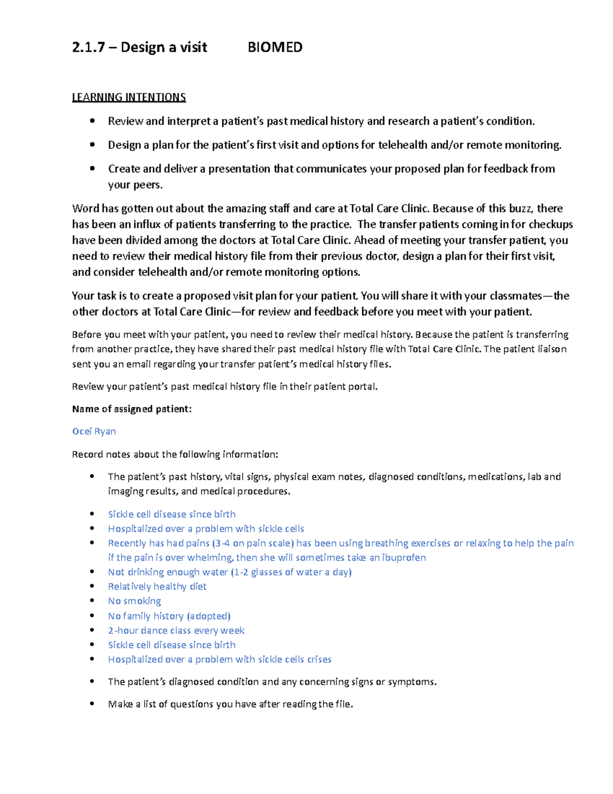 2.1.7 handout - 2.1.7 - 2.1 – Design a visit BIOMED LEARNING INTENTIONS ...