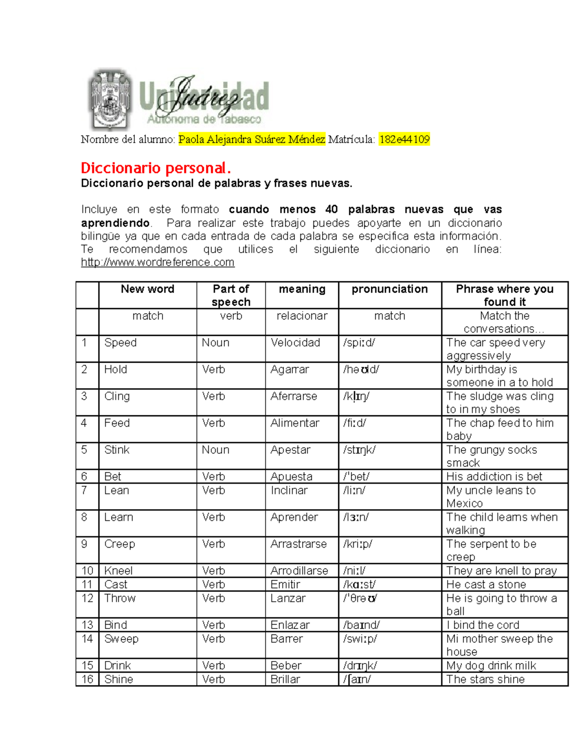 diccionario personal act 13 - Nombre del alumno: Paola Alejandra Suárez ...