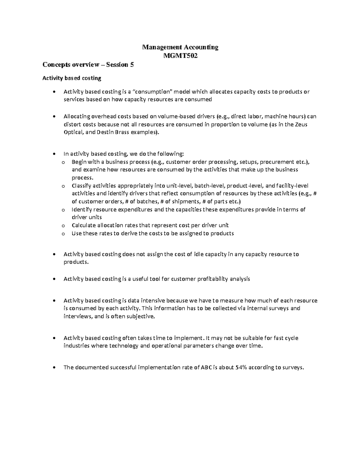 Concepts Overview (Session 5) - Management Accounting MGMT 502 Concepts ...