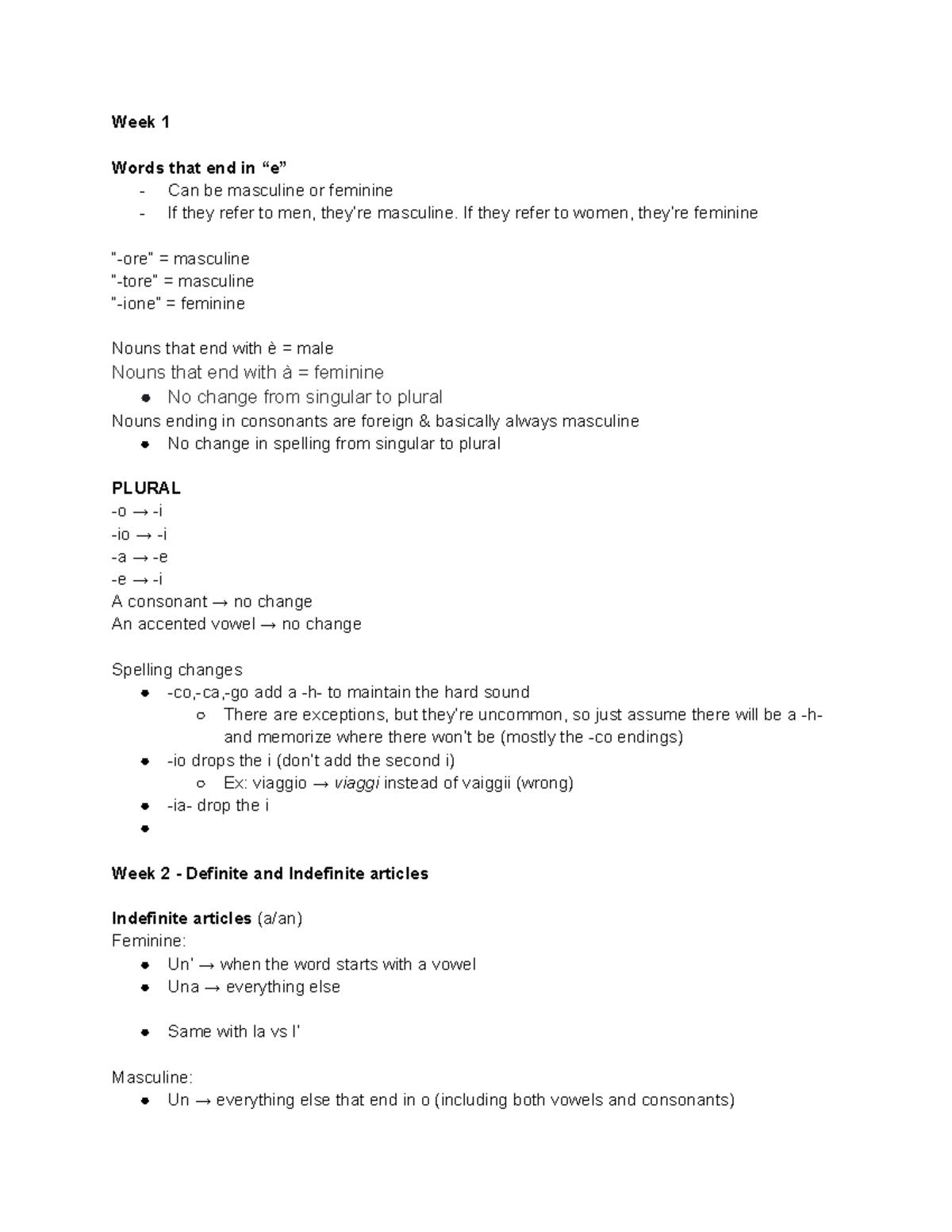 Italian - Notes that I took for the entire year - Week 1 Words that end ...