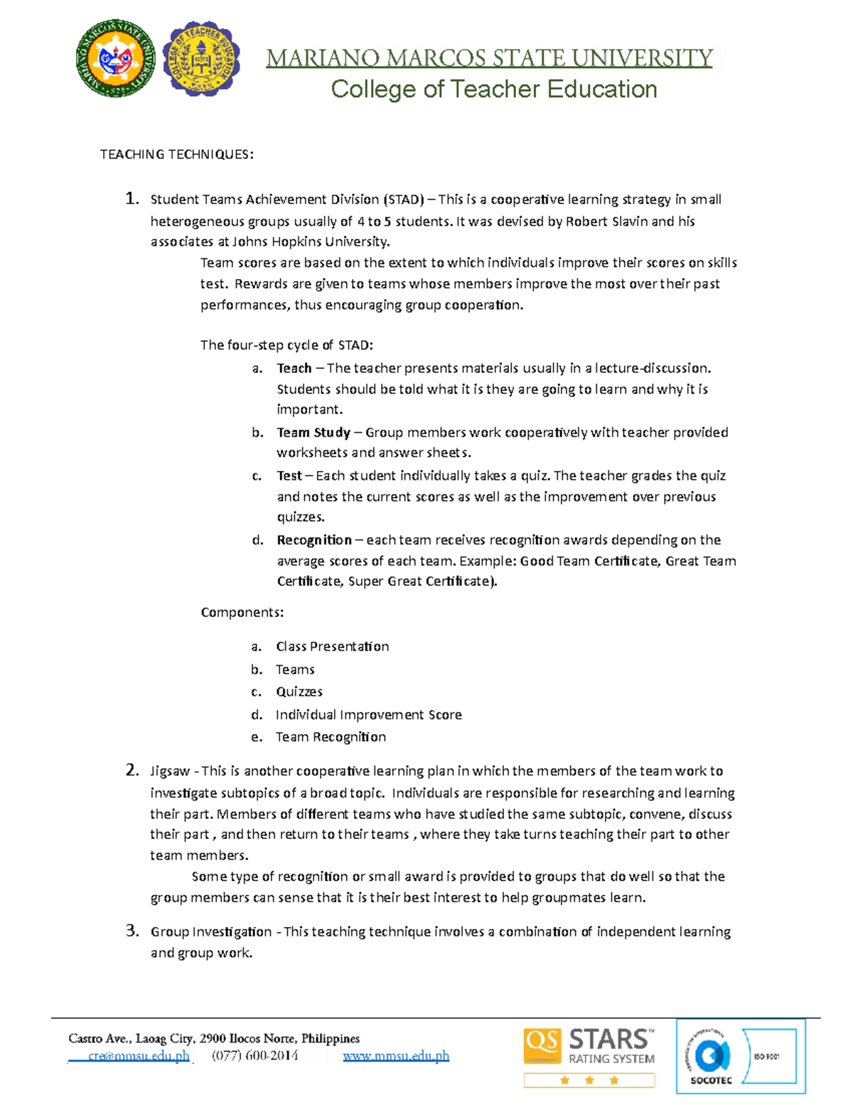 Teaching- Techniques - College of Teacher Education TEACHING TECHNIQUES ...