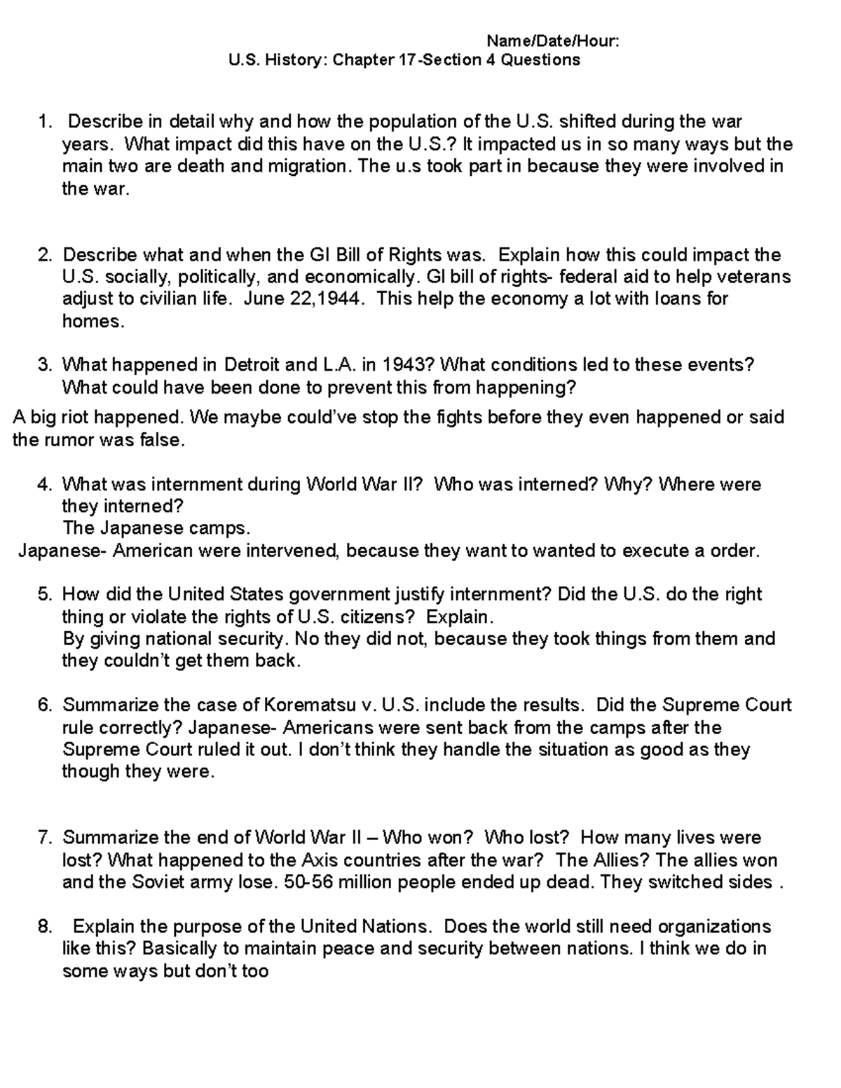 U.S.-Ch 17.4-WWII Qs copy - Name/Date/Hour: U. History: Chapter 17 ...