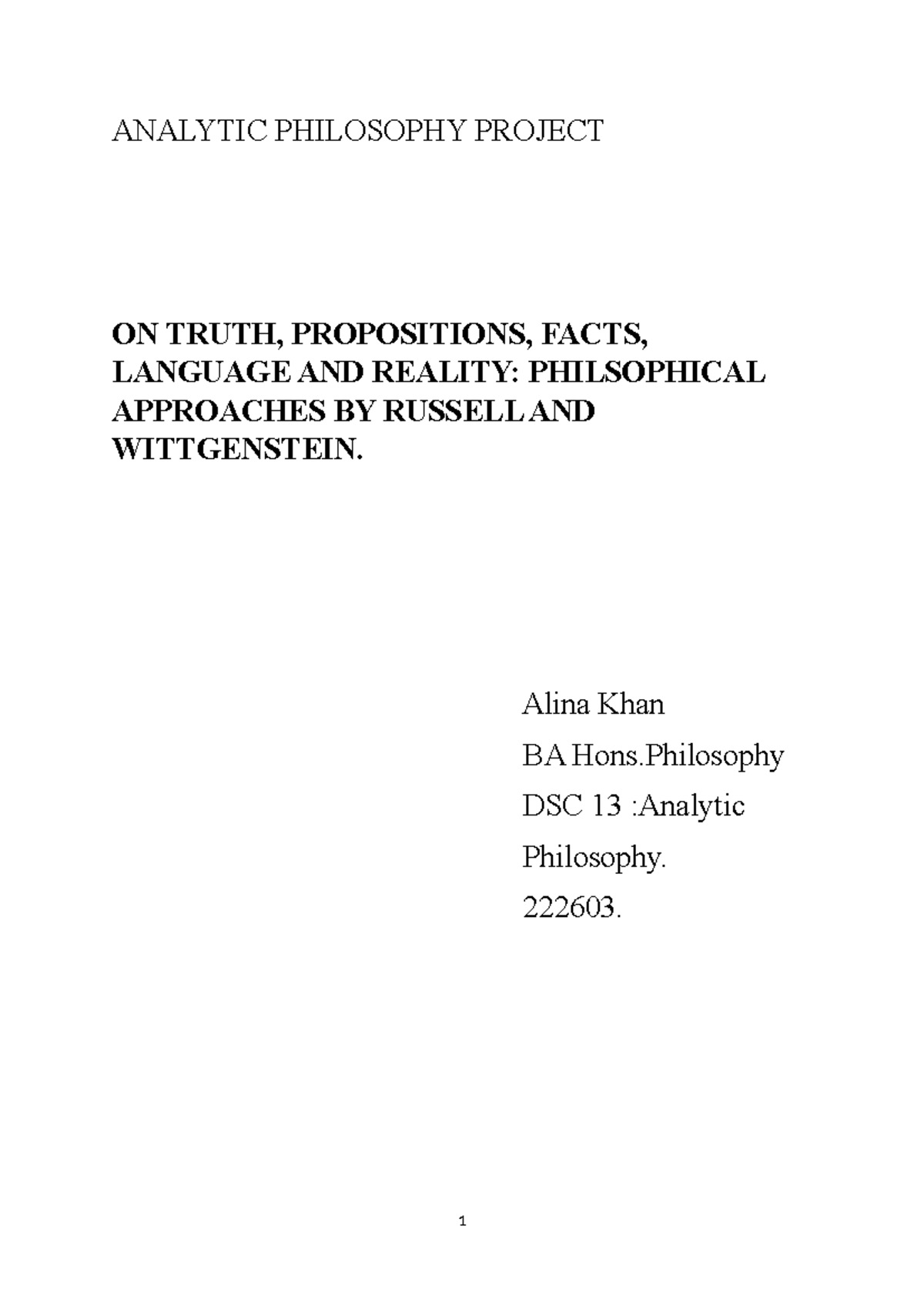 Analytic Philosophy Project - ANALYTIC PHILOSOPHY PROJECT ON TRUTH ...