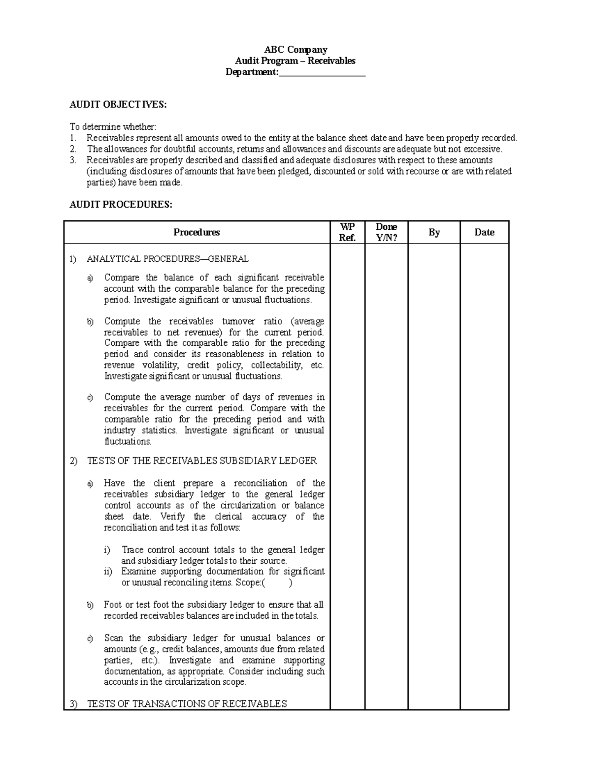 25367119 Audit Program Accounts recievable - ABC Company Audit Program ...