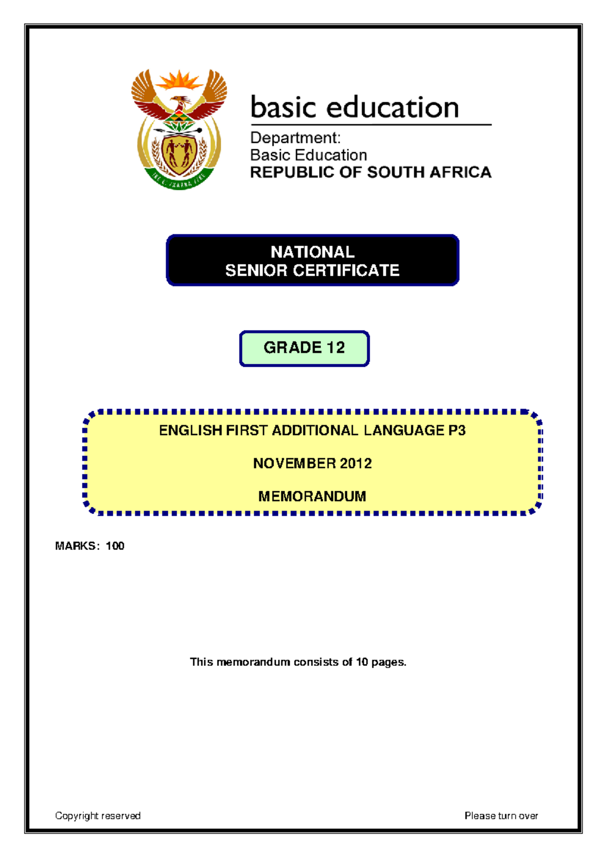 ENG DBE 2012 NOV MG P3 - Questions papers - MARKS: 100 This memorandum ...