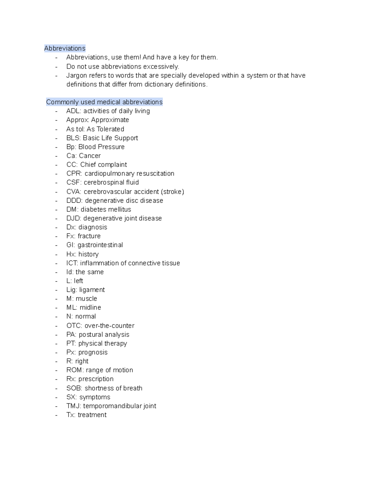 Intro Into Massage 9 28 - lecture notes - Abbreviations - Abbreviations ...