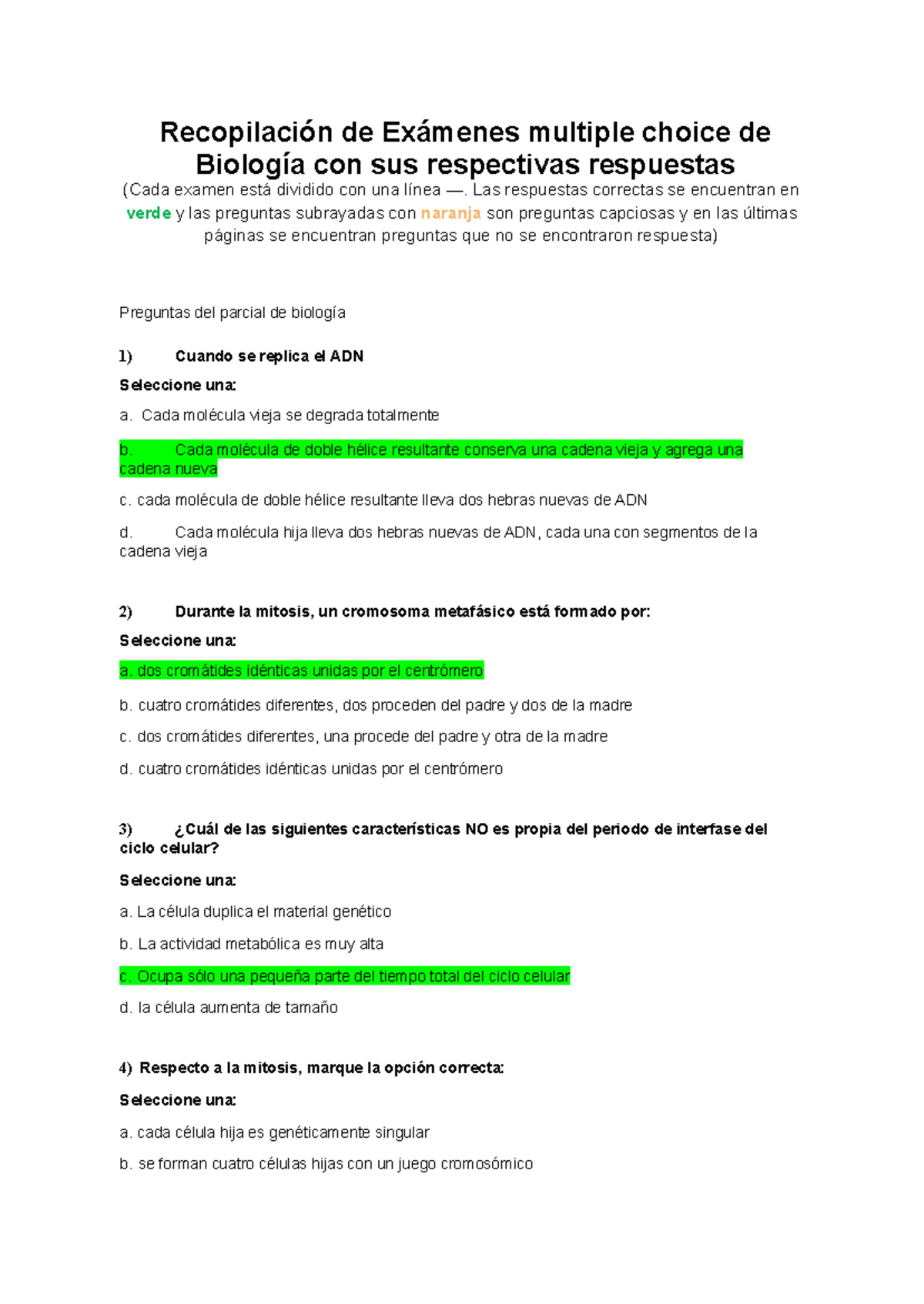 Biologia - Preguntas con sus respectivas respuestas - Recopilación de Exámenes multiple choice ...
