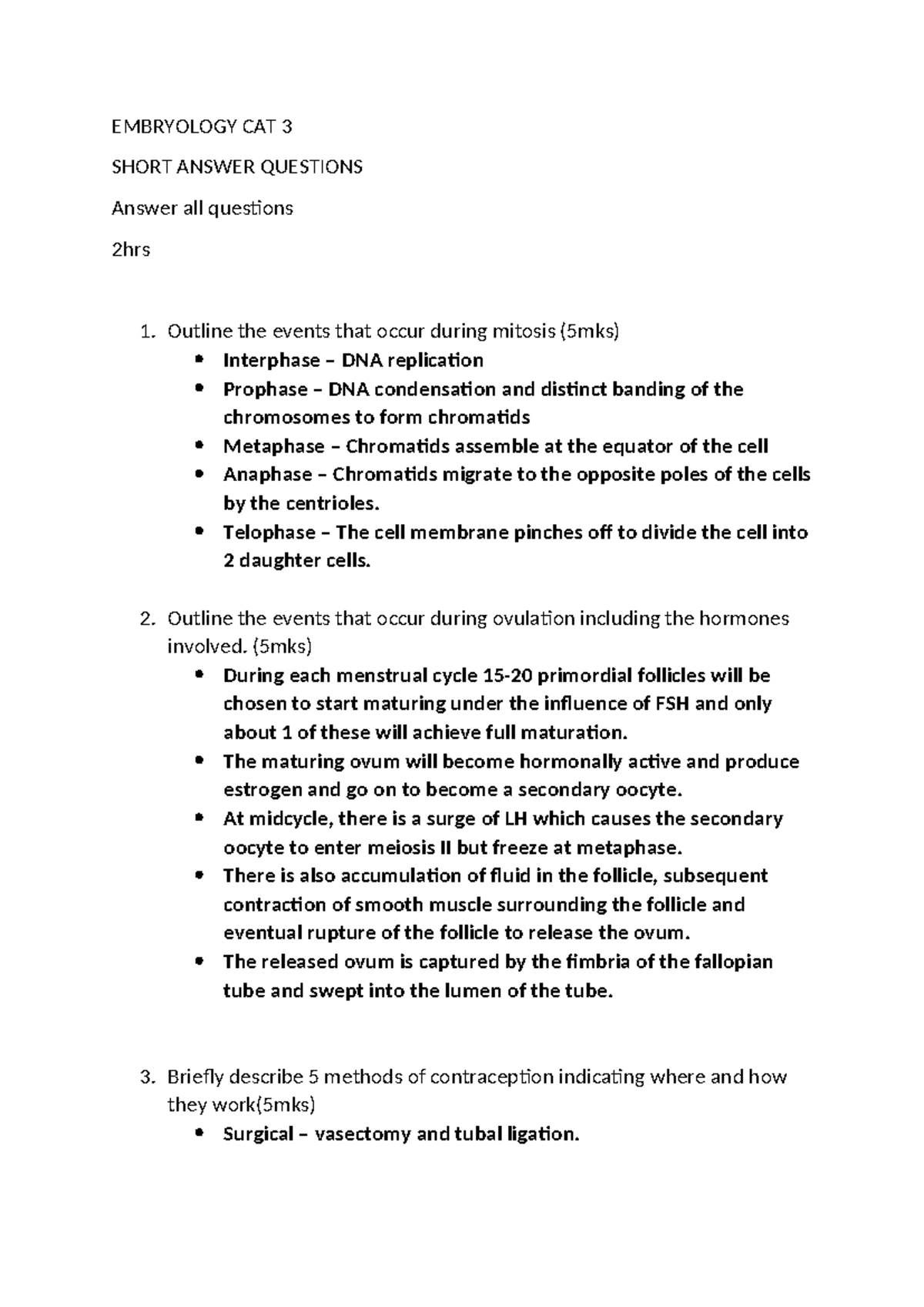 Embryology CAT 3 - EMBRYOLOGY CAT 3 SHORT ANSWER QUESTIONS Answer all ...
