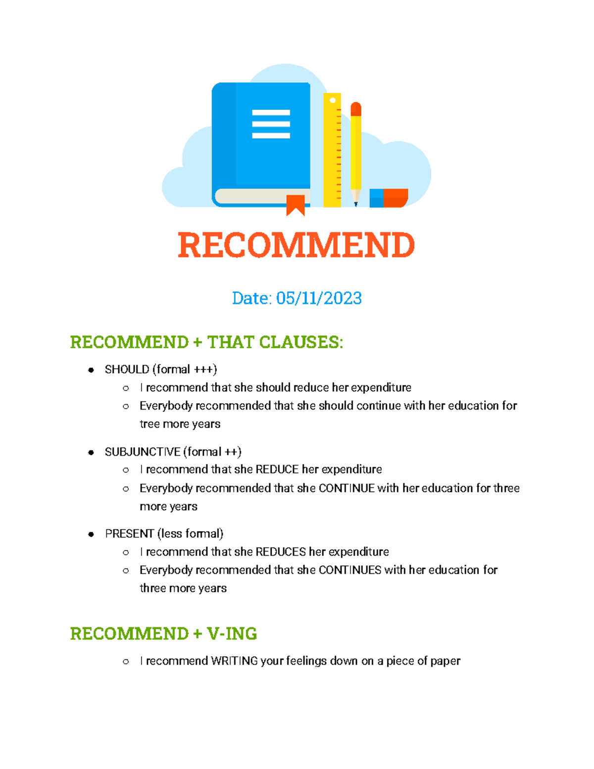 Recommend - RECOMMEND Date: 05/11/ RECOMMEND + THAT CLAUSES: SHOULD ...