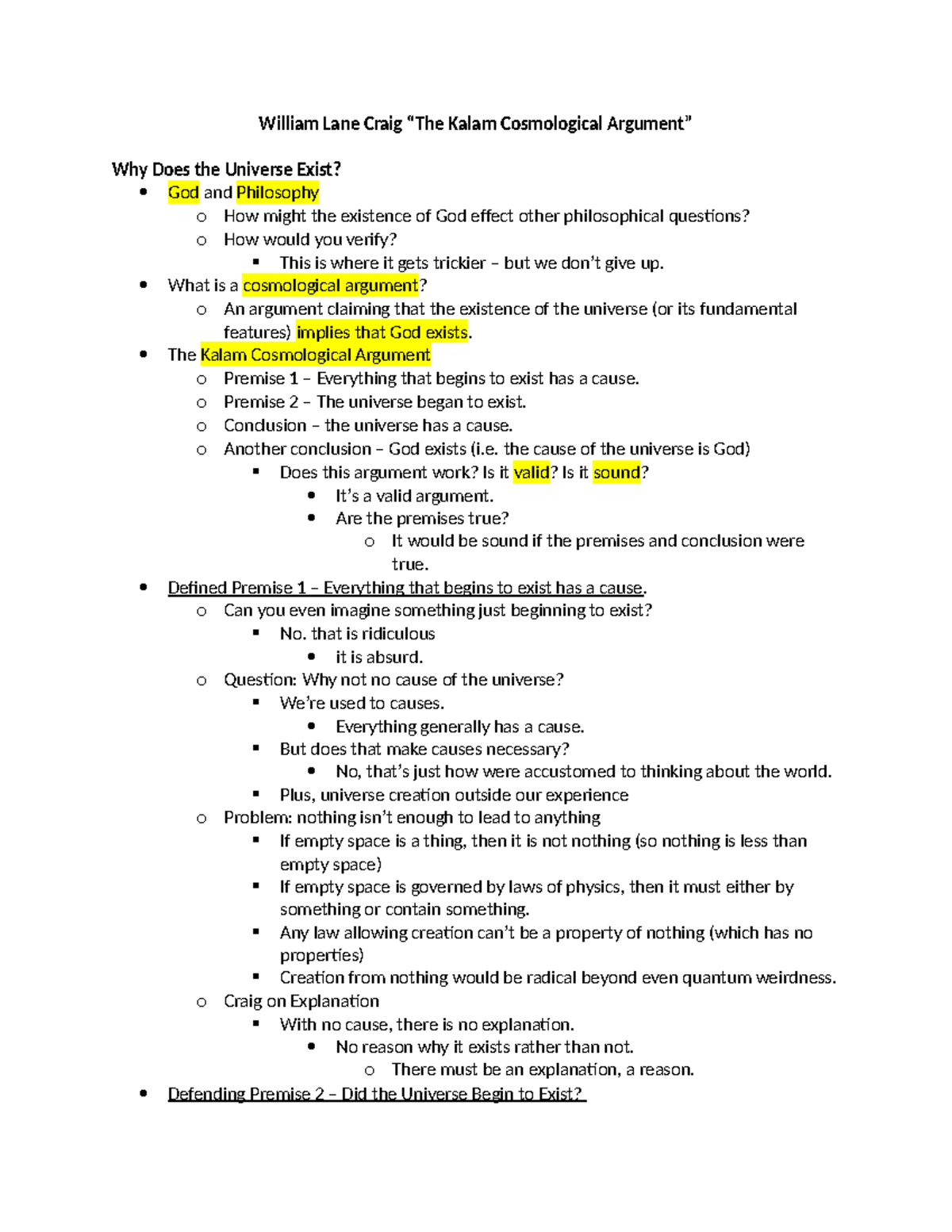 William Lane Craig Lecture Notes - William Lane Craig “The Kalam ...