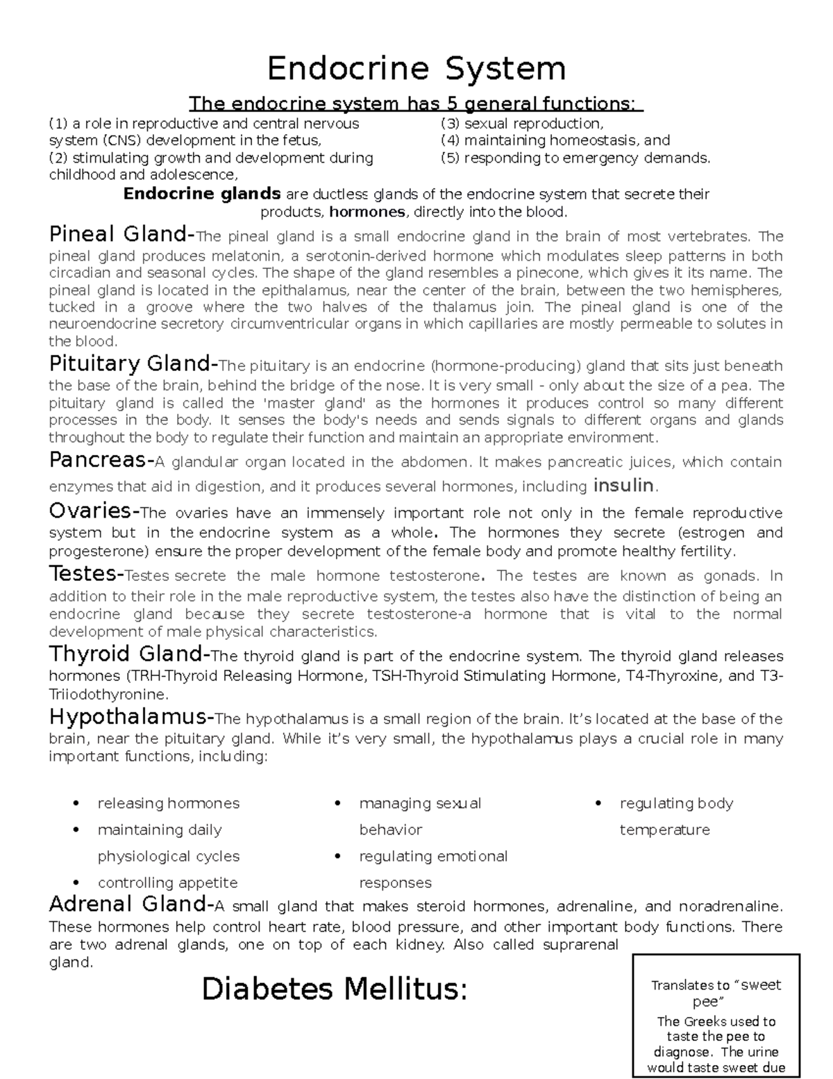Endocrine System Exam Notes - Endocrine System The endocrine system has ...